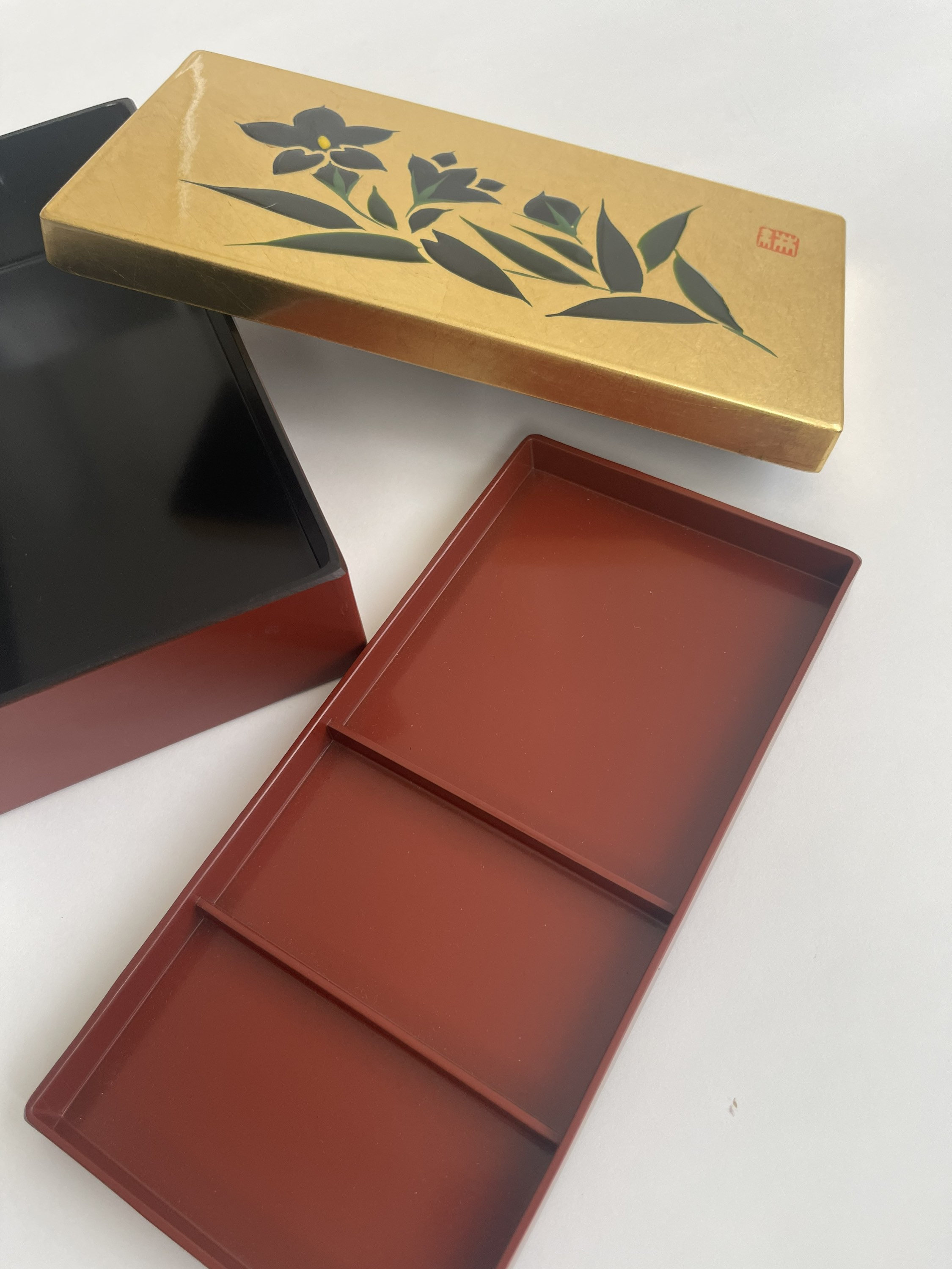 Vintage Japanese Bento Box Lidded Box Glossy Floral Botanical Painted ...