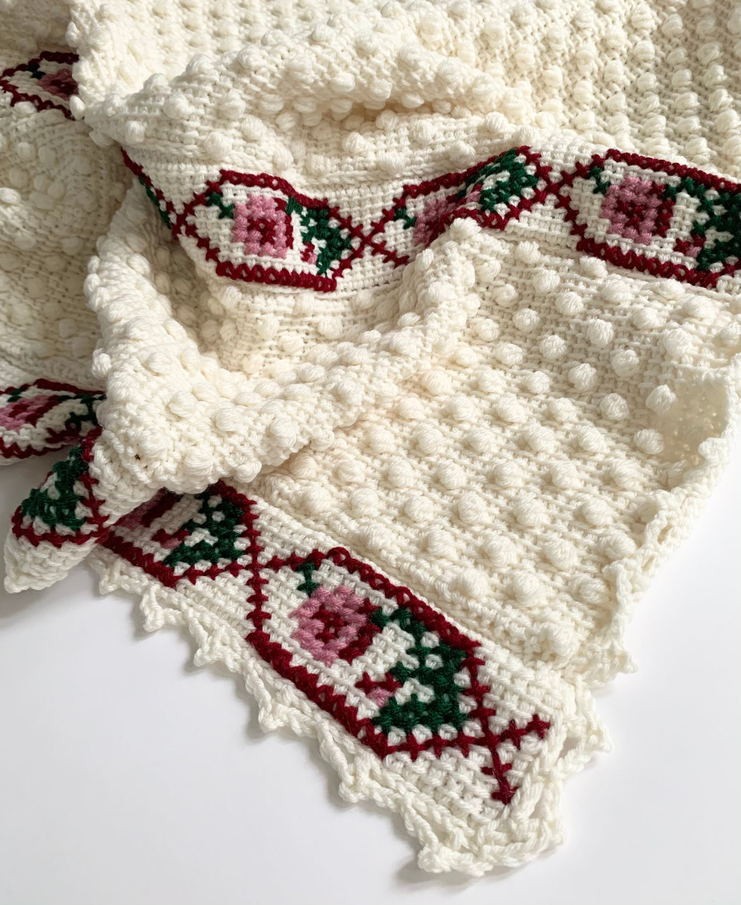 Floral Hand Knit Throw Blanket Afghan Handmade Vintage Natural White ...