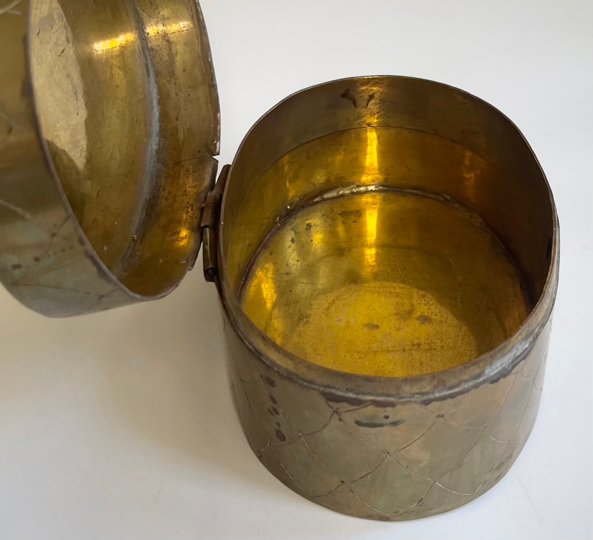Hinged Solid Brass Box Vintage 70s Etched Designs Aged Patina Trinket ...
