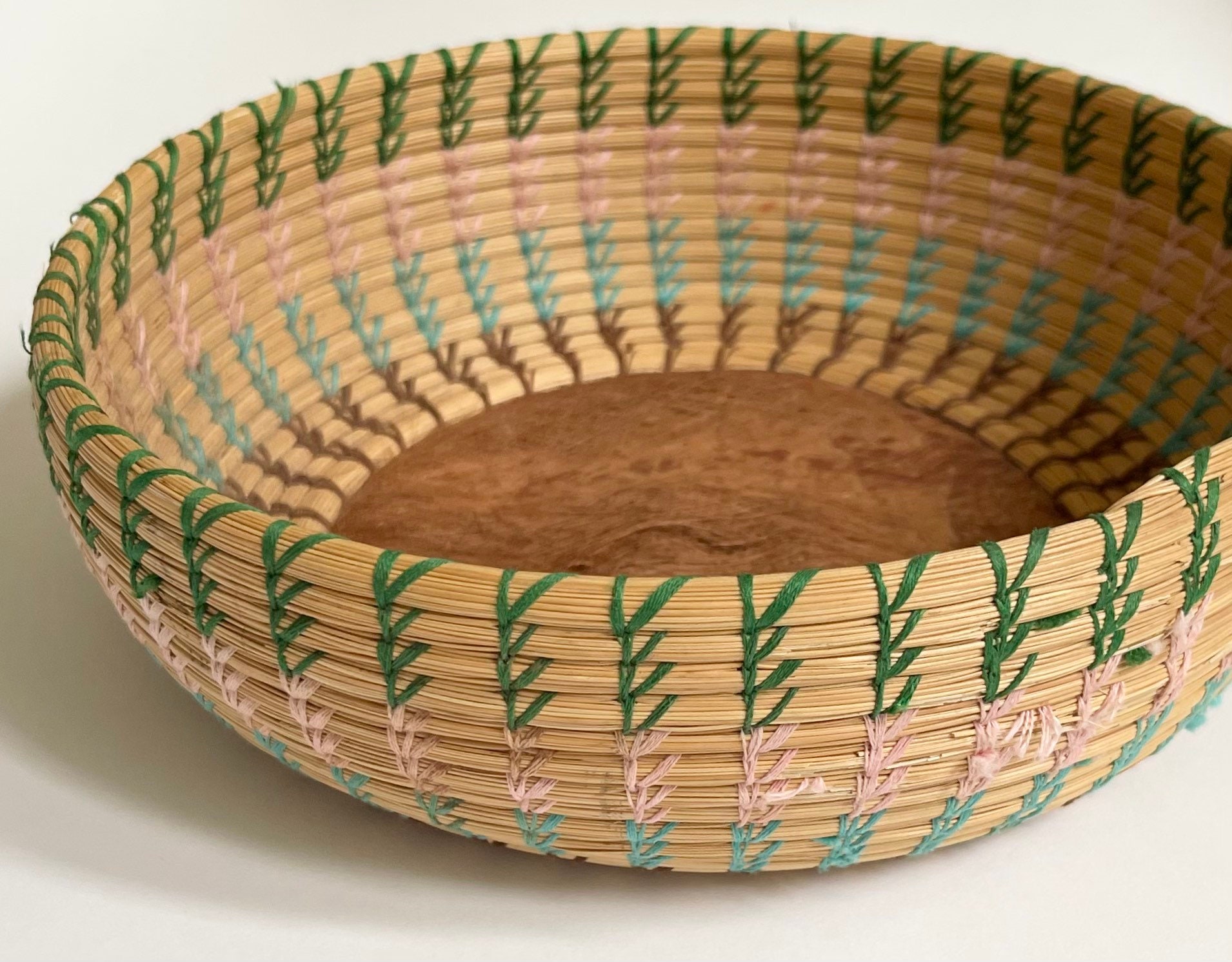 70s Boho Basket Bowl Vintage Handwoven Coil Baskets Artisan Faded Beige ...