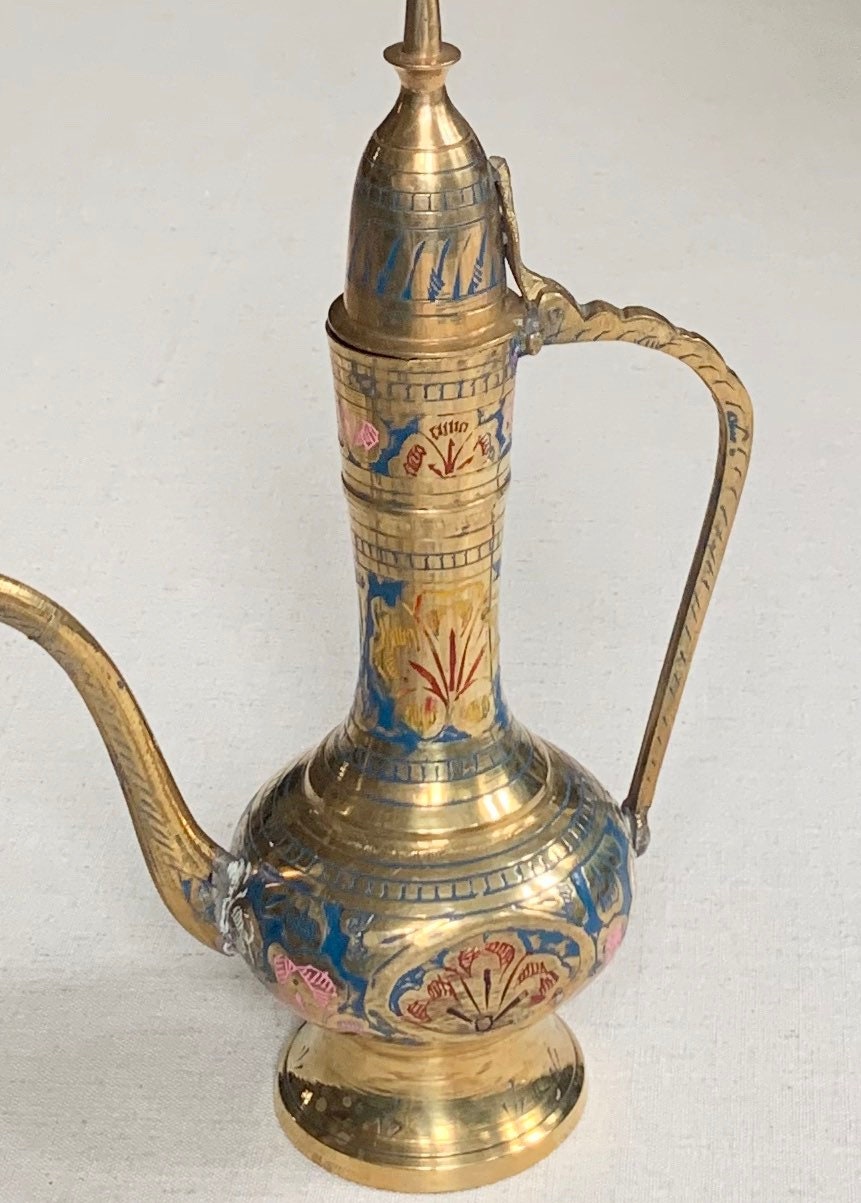 India Brass Tea Pot with Spout and Hinged Lid Top Vintage Indian Floral ...