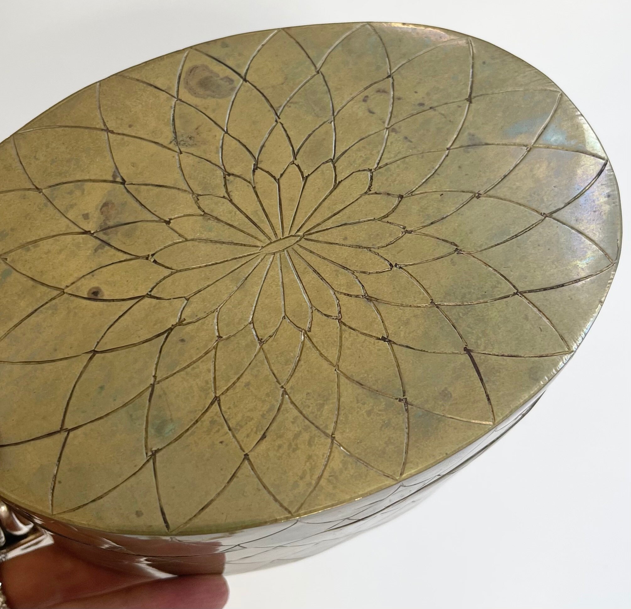 Hinged Solid Brass Box Vintage 70s Etched Designs Aged Patina Trinket ...