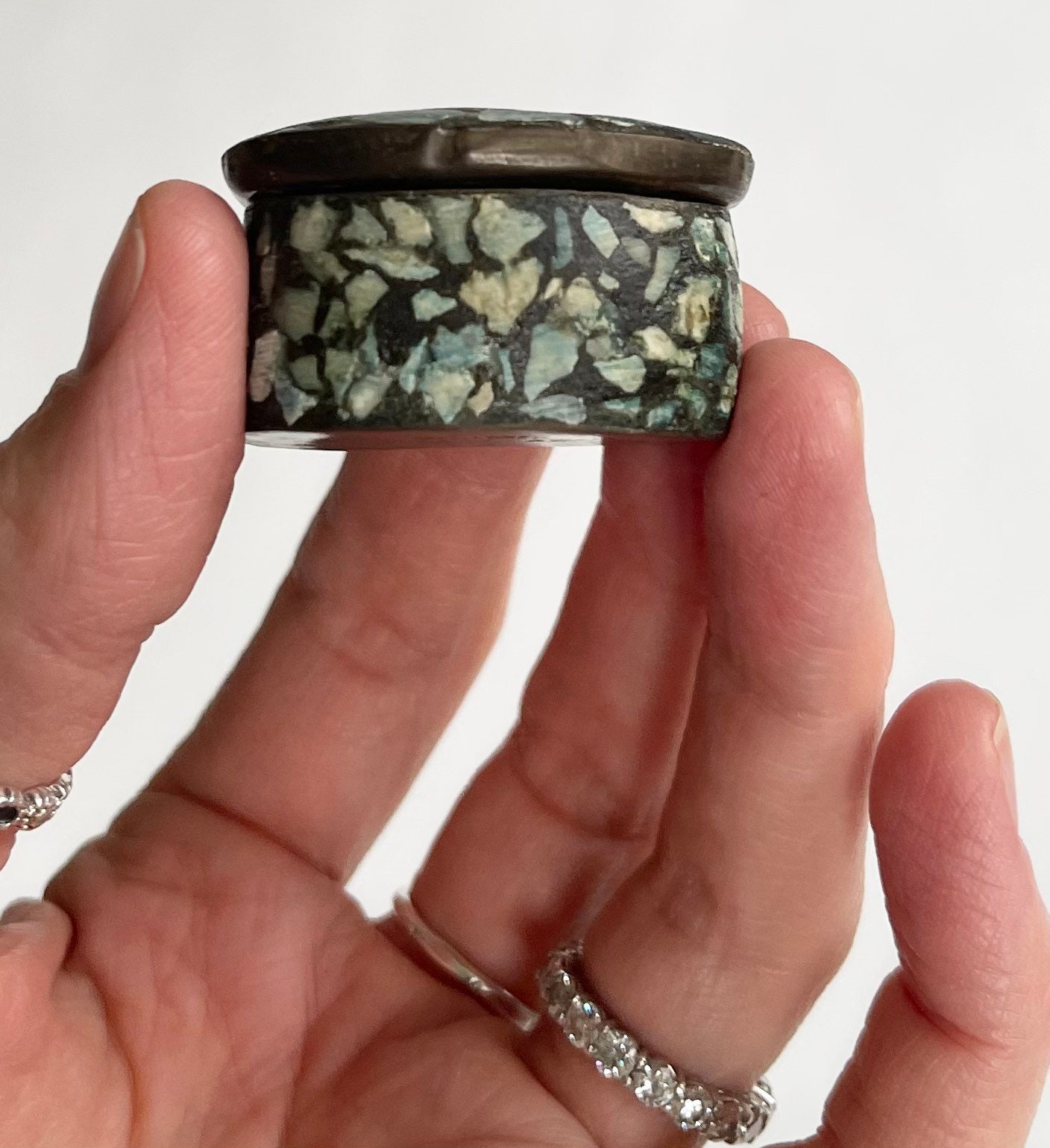 Antique Indian Snuff Box Brass with Turquoise Chip Inlay Very Old ...