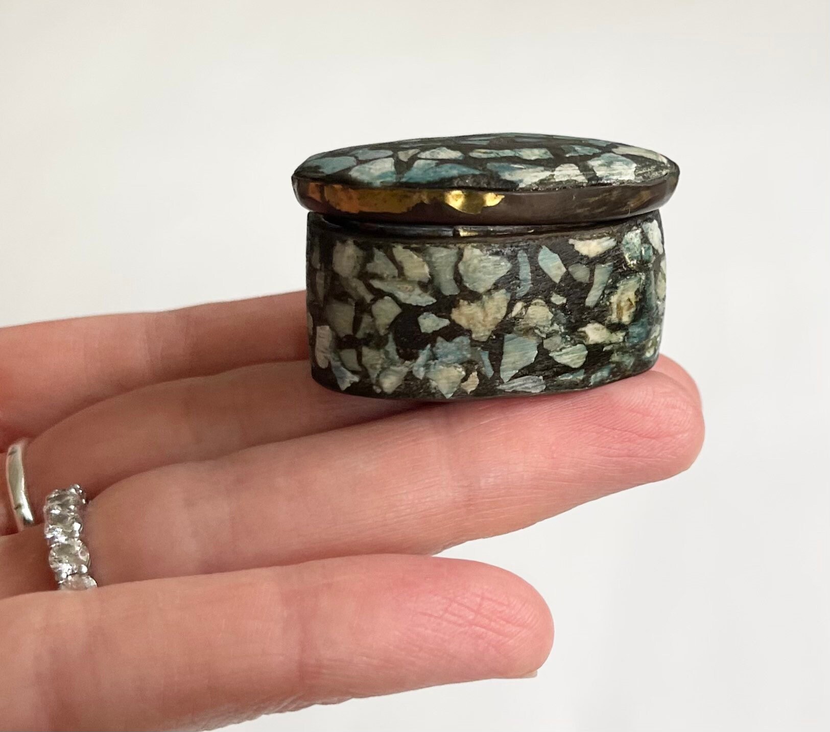 Antique Indian Snuff Box Brass with Turquoise Chip Inlay Very Old ...