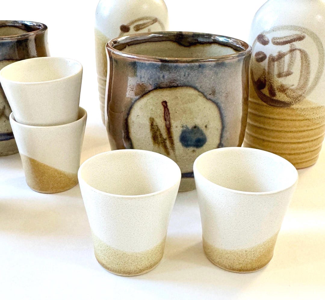 Mid Century Japanese Sake Tea Set Vintage Beige Neutral Pottery Sake ...