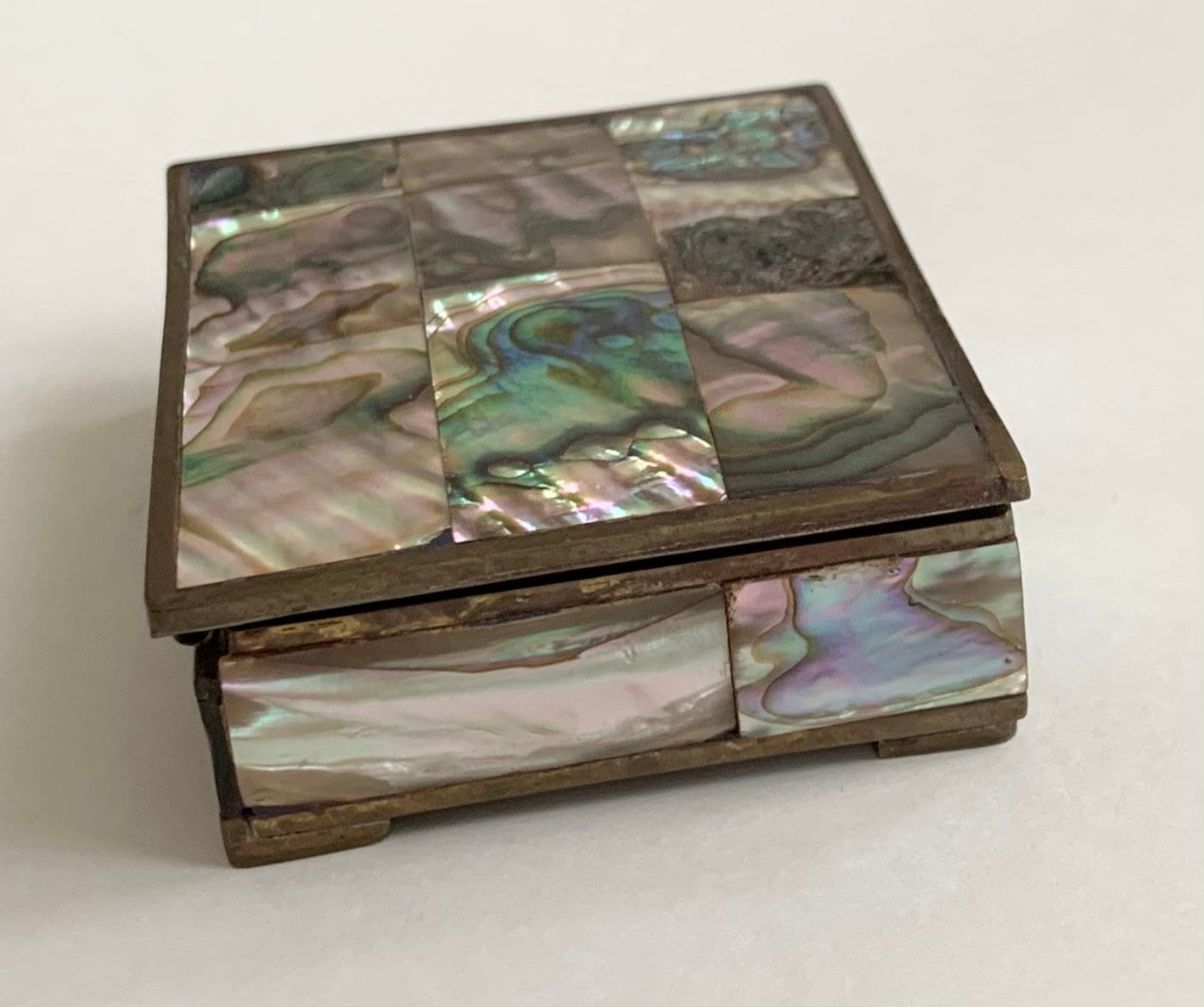 Small Abalone Shell Box Hinged Lid Vintage Inlay over Brass Tone Alpaca ...