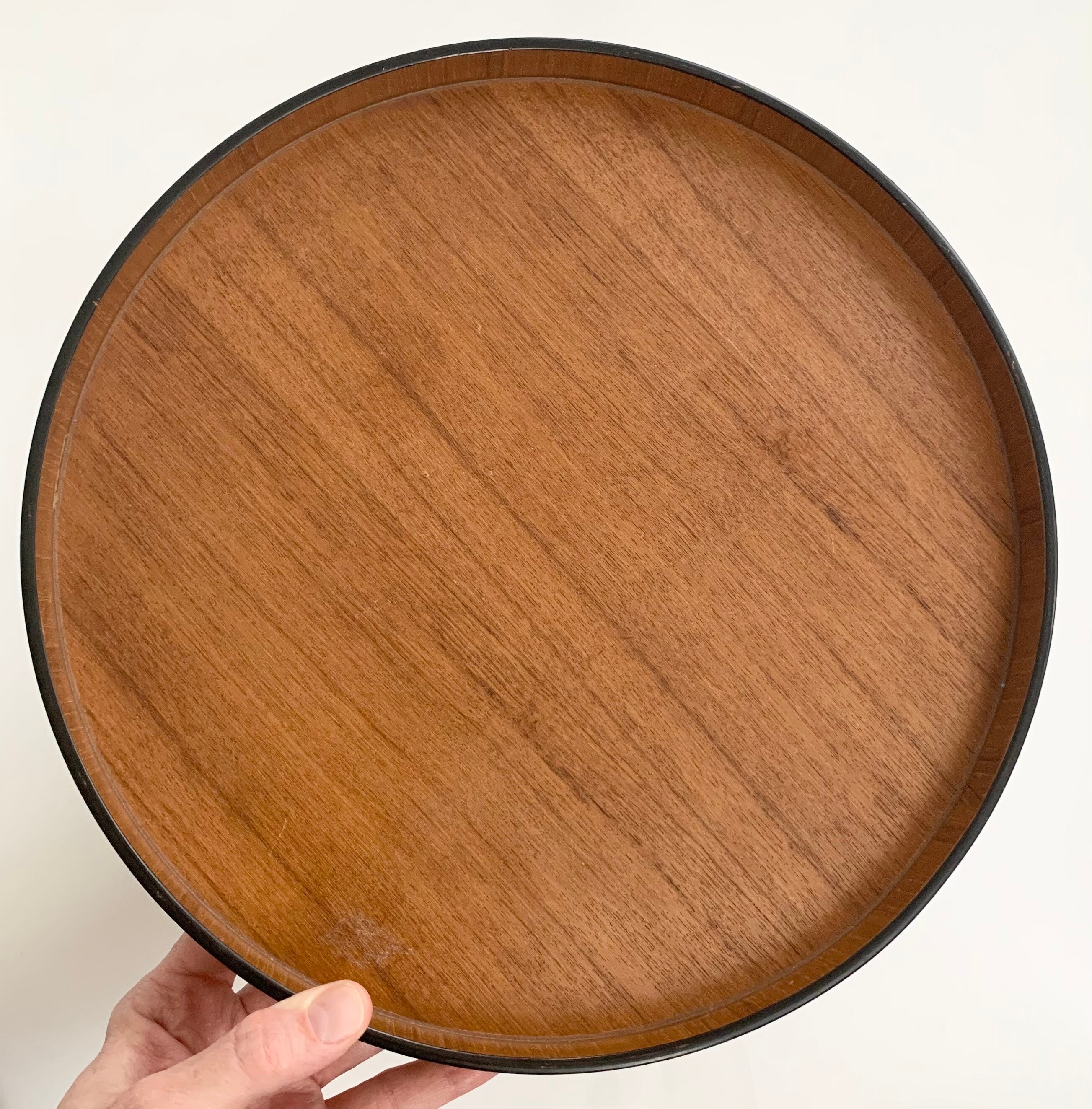 MCM Wood Veneer Tray Vintage Mid Century Made in Japan Black Base Round ...