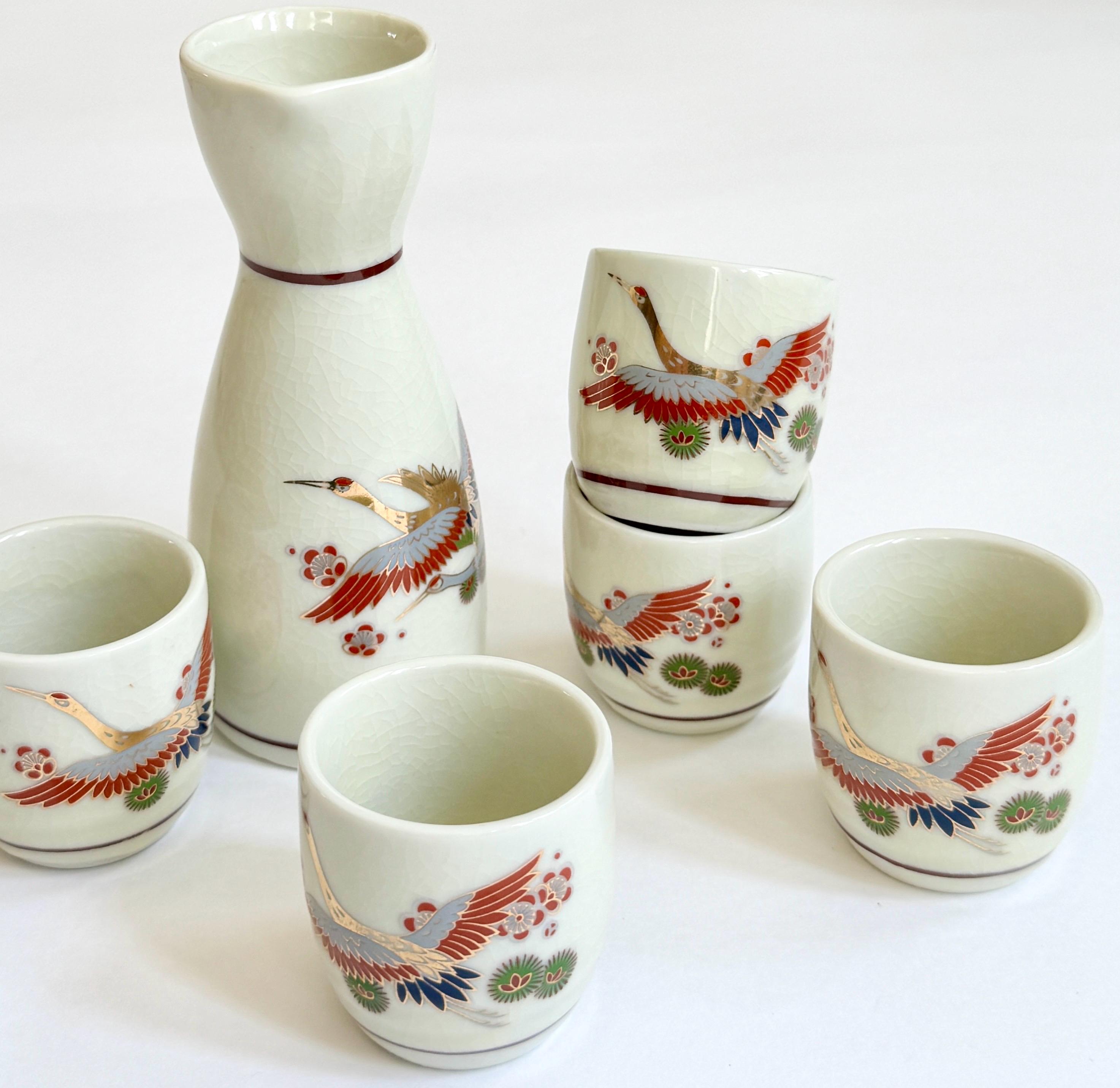 Japanese Crane Sake Set Ceramic Sake Set Sake Glass Carafe Vintage Made ...