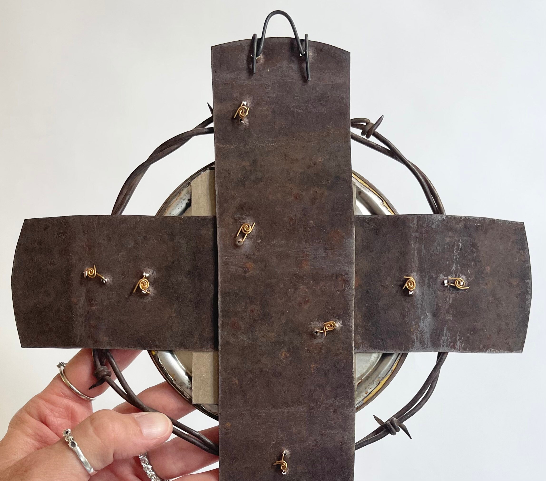 Rustic Metal Cross Art Religious Folk Art Thorned Crown Madonna Image ...