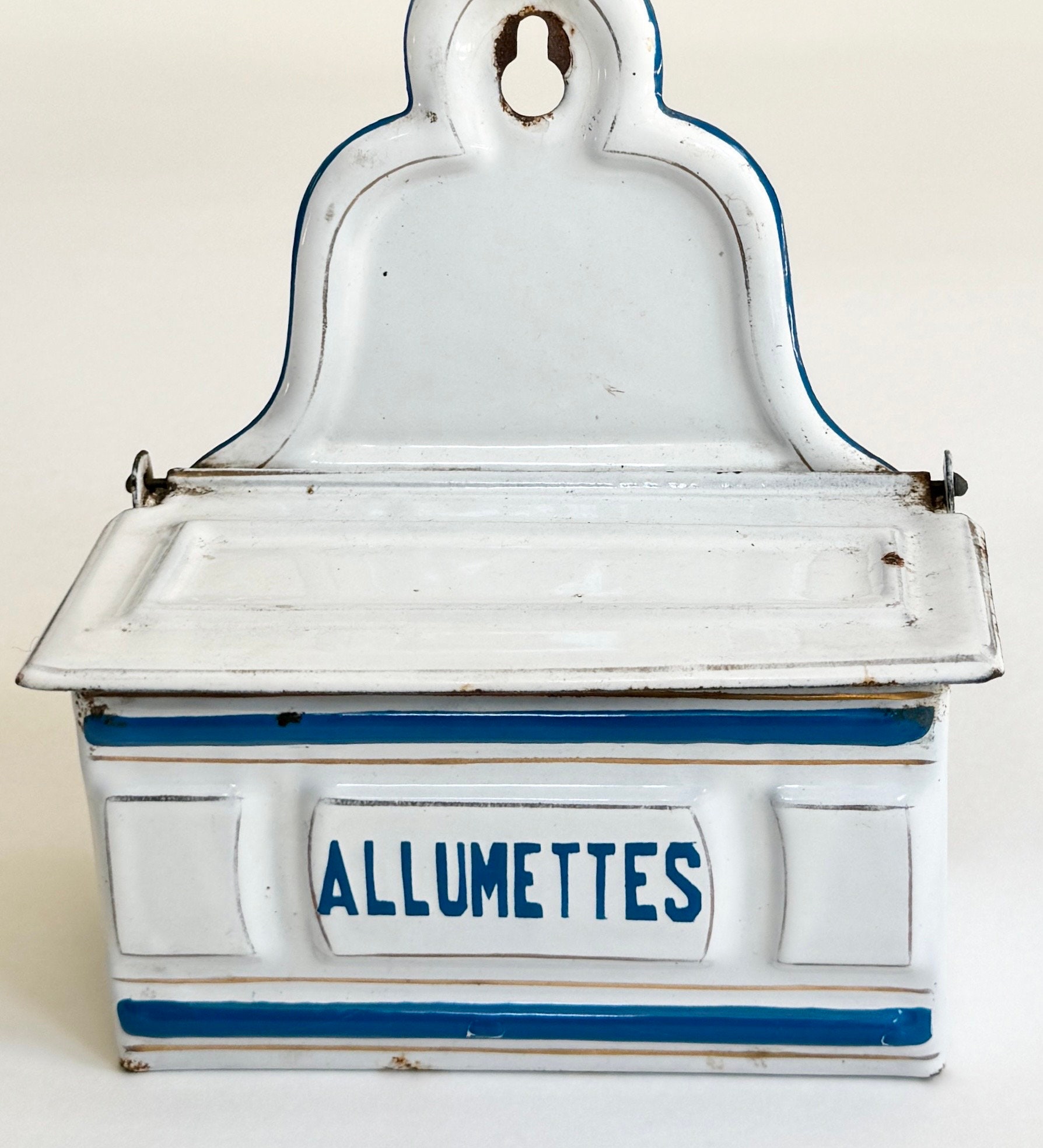 French Enamel Match Box Allumettes Wall Mount Box Antique Vintage White ...