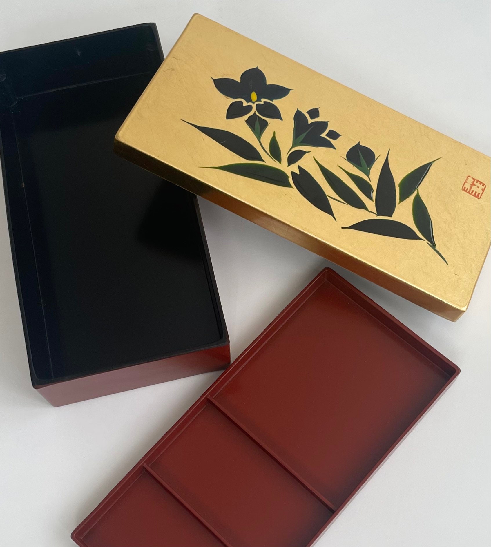 Vintage Japanese Bento Box Lidded Box Glossy Floral Botanical Painted ...