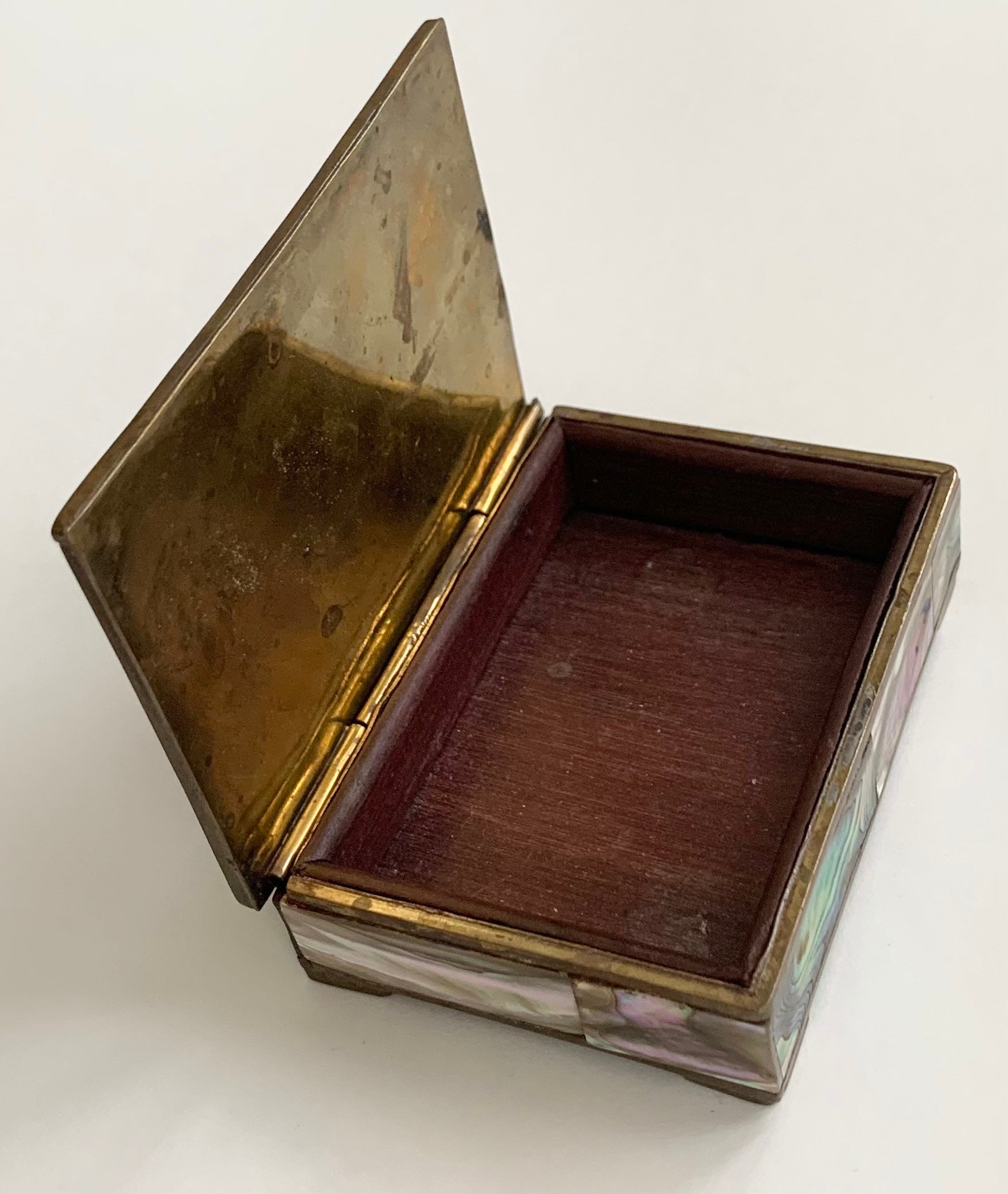 Small Abalone Shell Box Hinged Lid Vintage Inlay over Brass Tone Alpaca ...