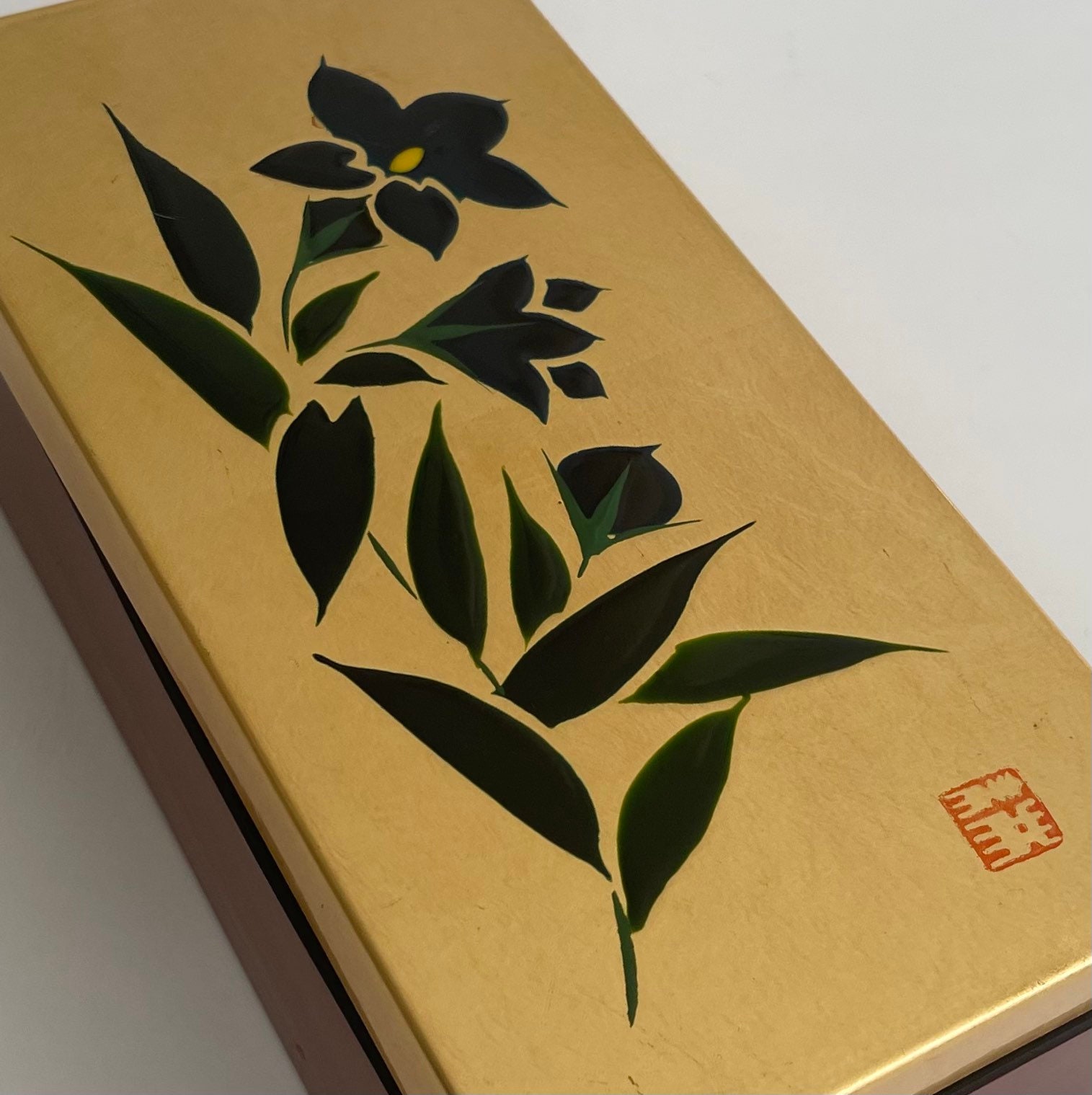 Vintage Japanese Bento Box Lidded Box Glossy Floral Botanical Painted ...