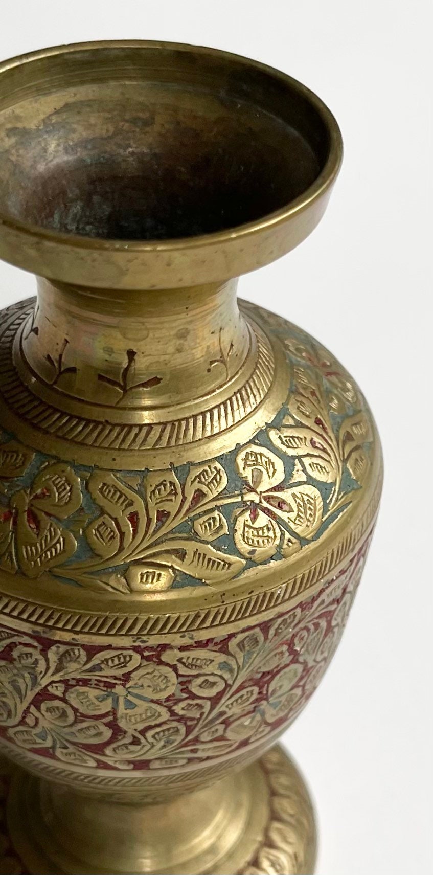 Ornate India Brass Vase Vintage Indian Floral Etched Painted Floral ...