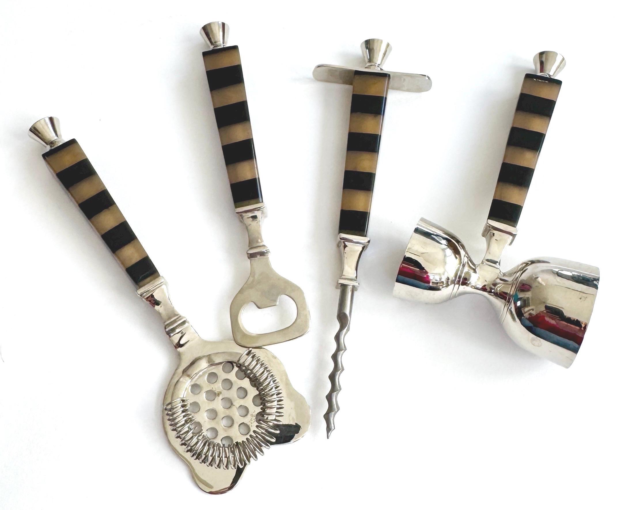 Vintage Bar Tool Set Barware Black Brown Stripe Hard Plastic Bakelite ...