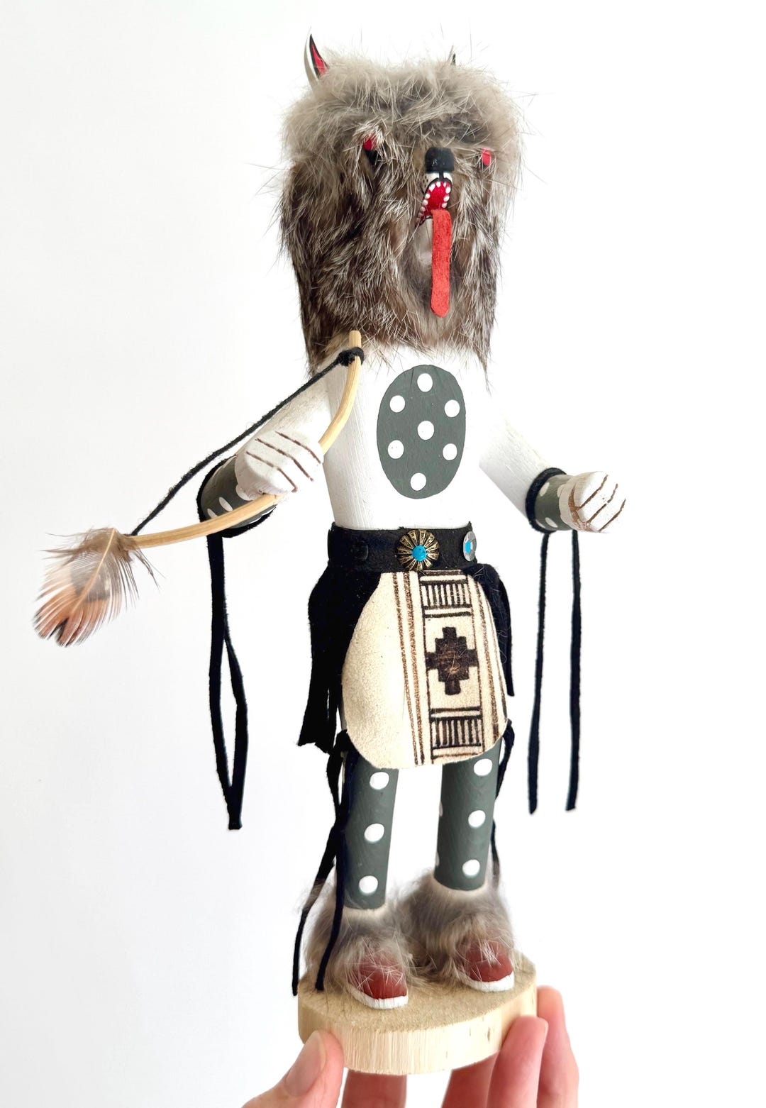 Signed Vintage Wolf Kachina Doll: Hand Carved Wood, Rabbit Fur, Concho ...