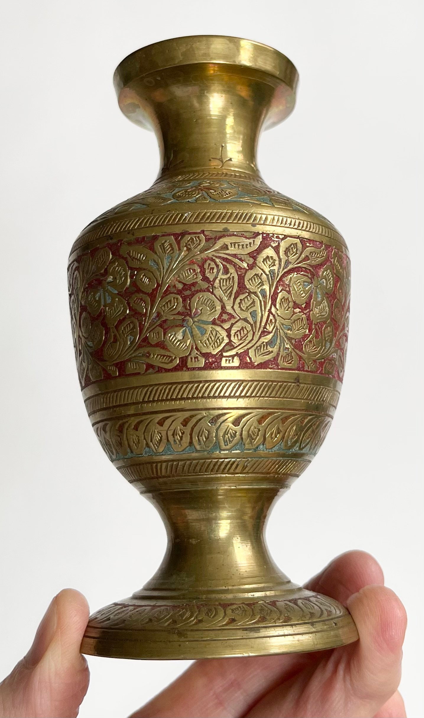 Ornate India Brass Vase Vintage Indian Floral Etched Painted Floral ...