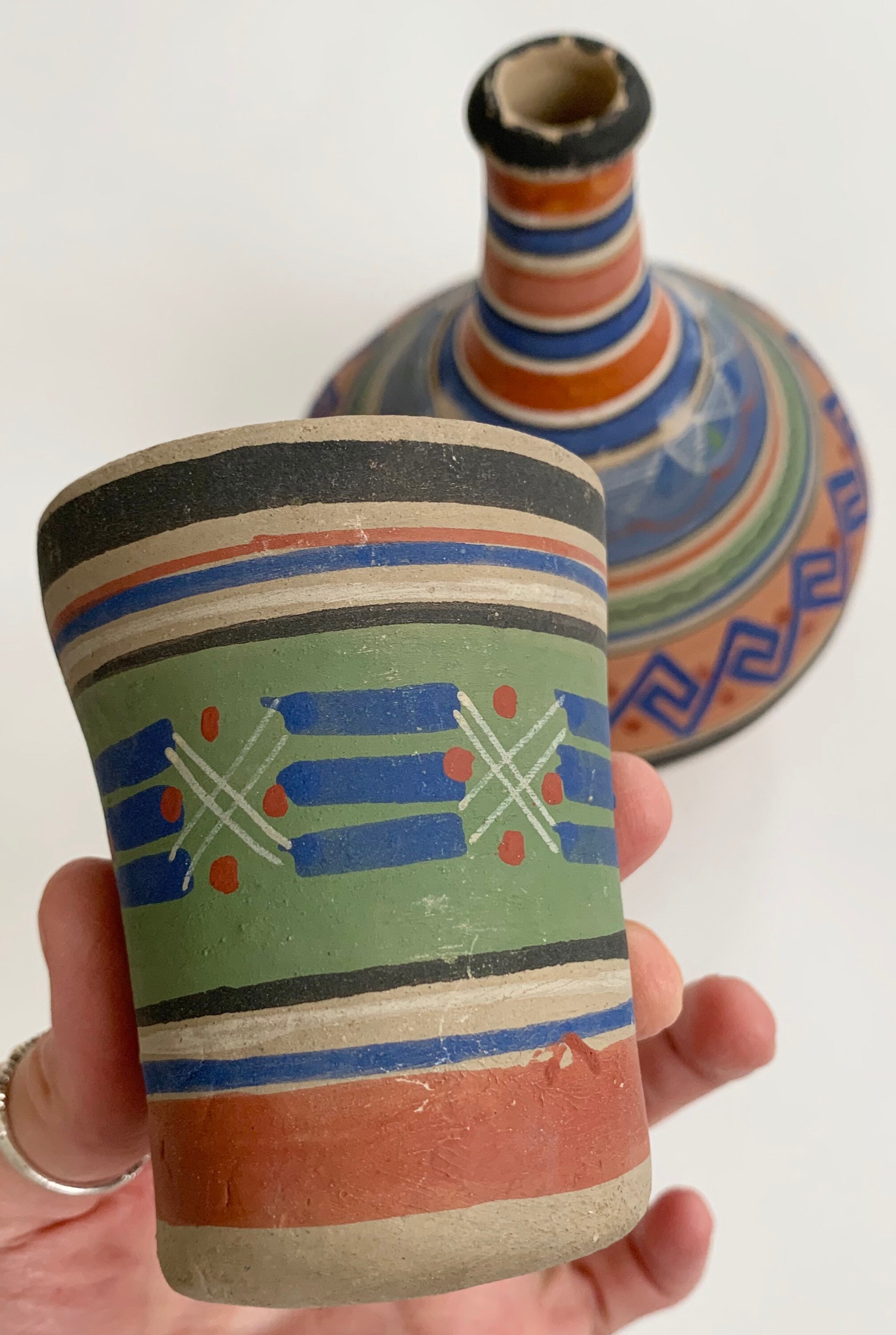 Mexican Pottery Carafe Cup Matching Set Handmade Hand Painted Vintage ...