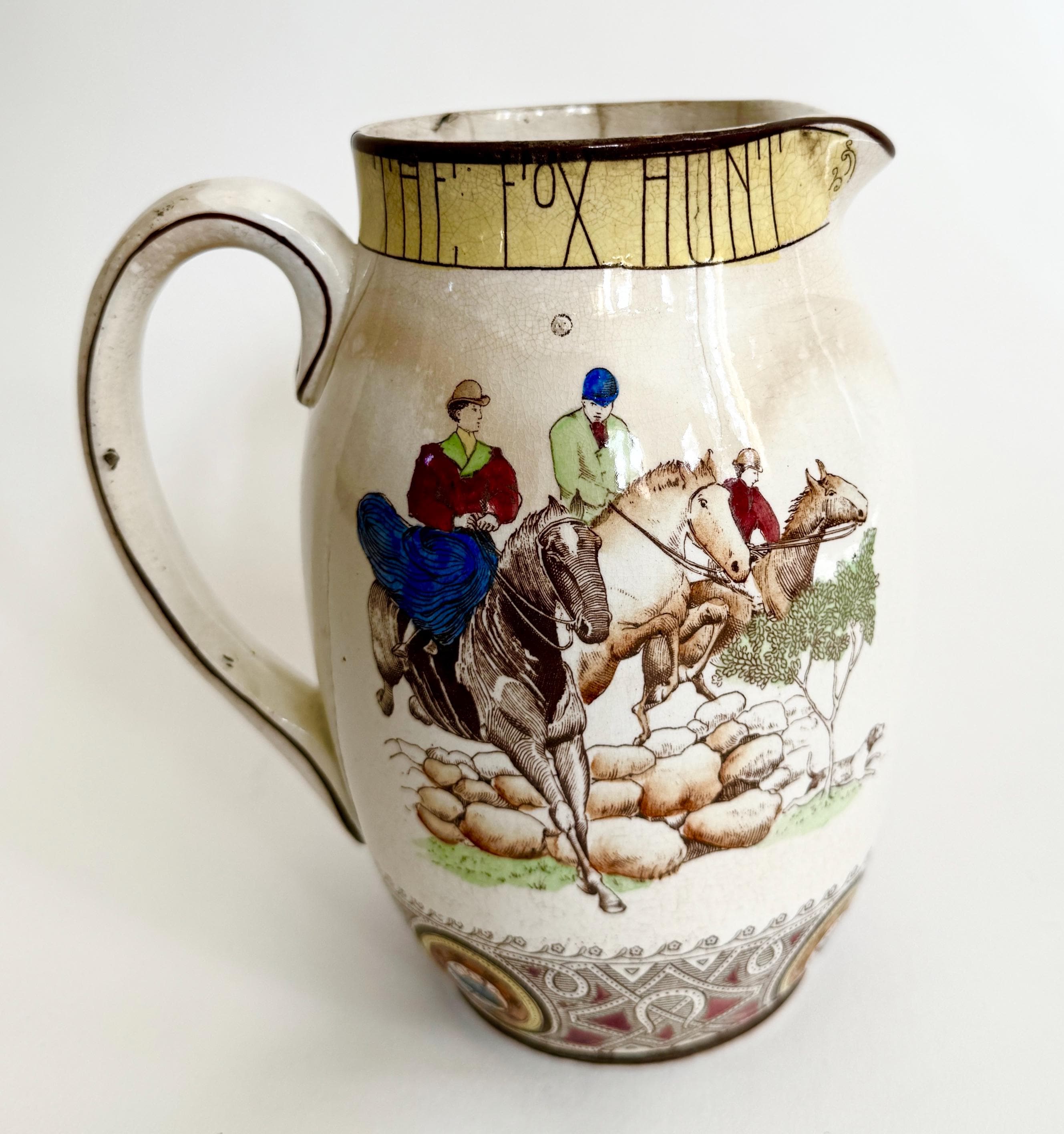 1907 Buffalo Pottery Pitcher Antique The Fox Hunt The Whirl of the Town ...