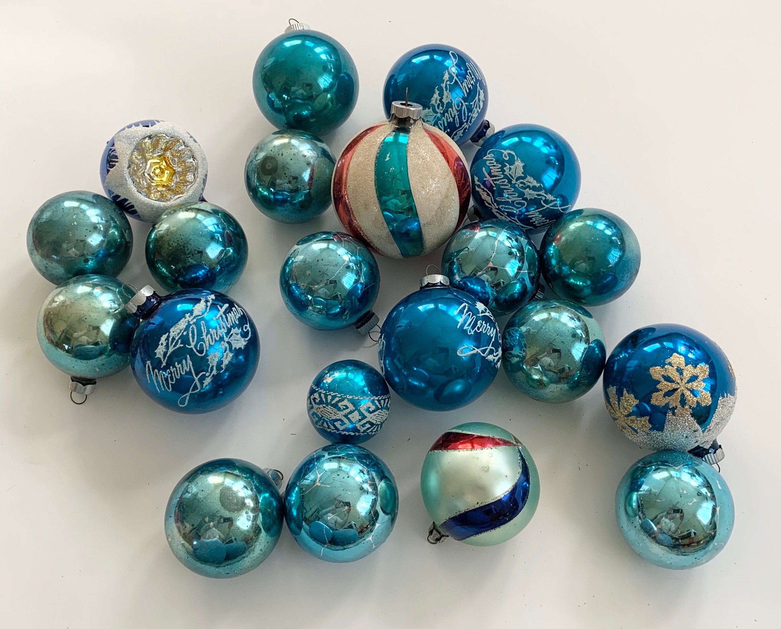 Vintage Blue Glass Bulb Ornaments Mixed Lot of 21 Blue Aqua Tone ...