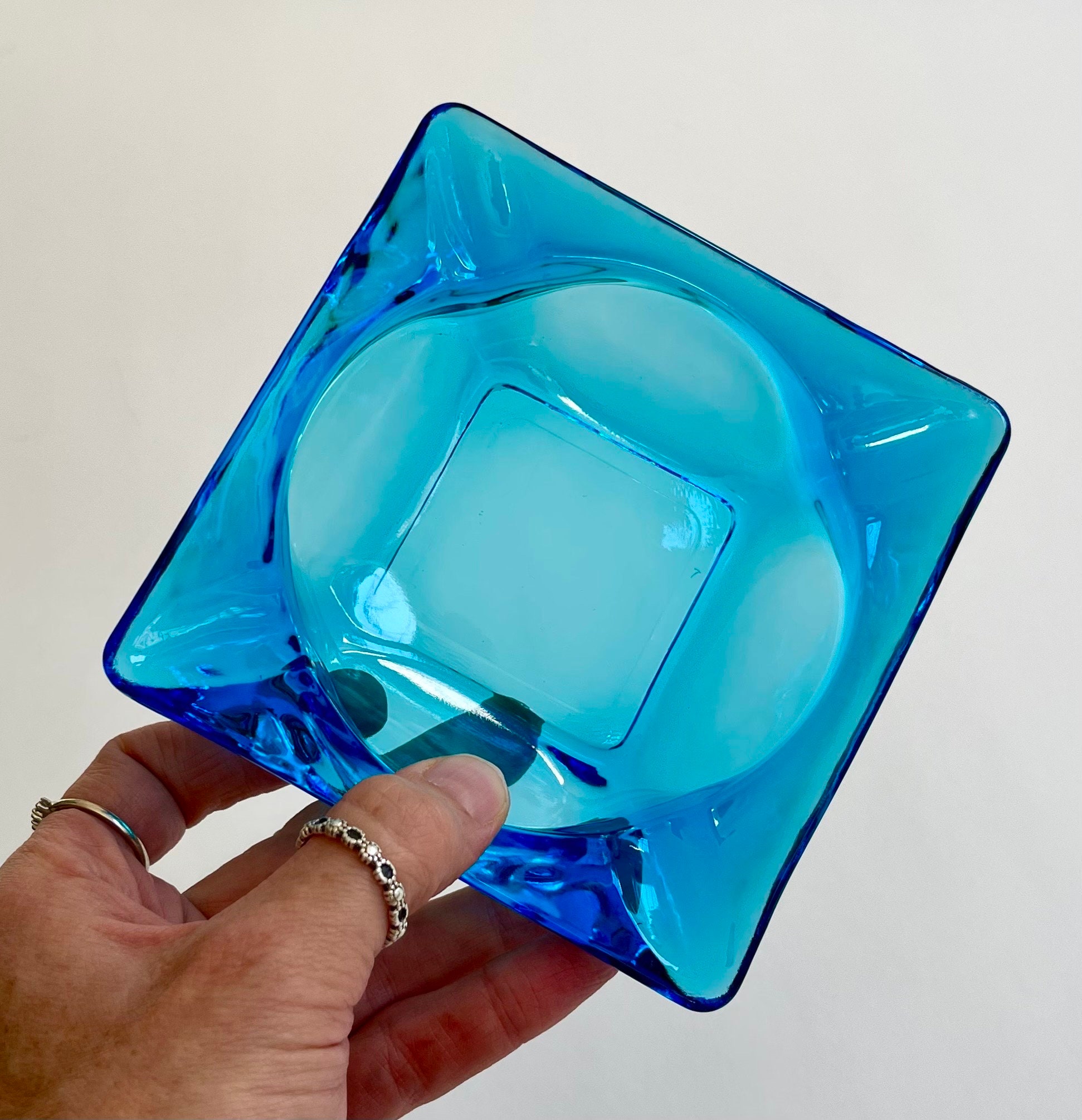 Atomic Blue Glass Ashtray Minimalist Sleek Square Vintage Mid Century ...