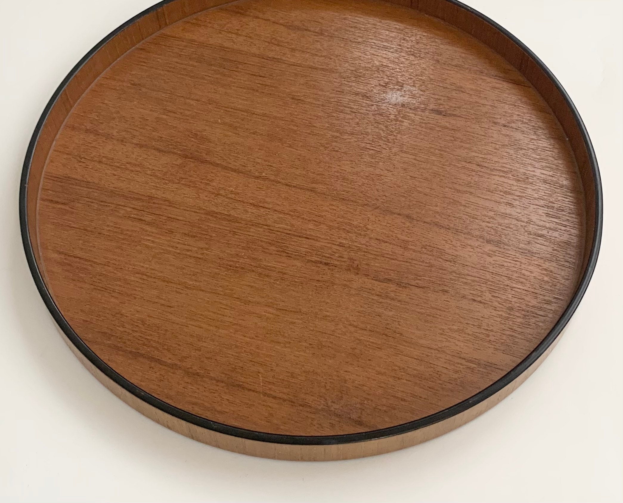 MCM Wood Veneer Tray Vintage Mid Century Made in Japan Black Base Round ...