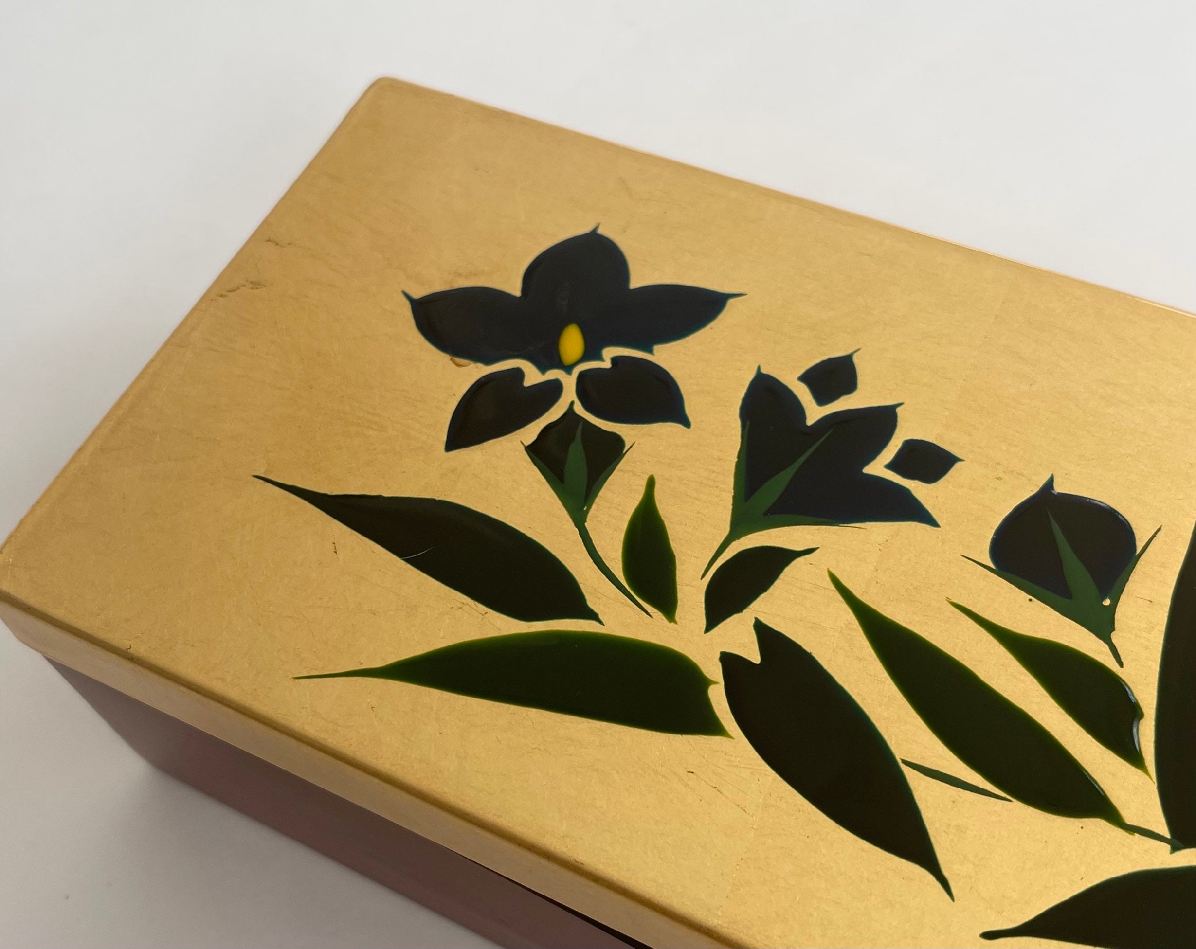 Vintage Japanese Bento Box Lidded Box Glossy Floral Botanical Painted ...