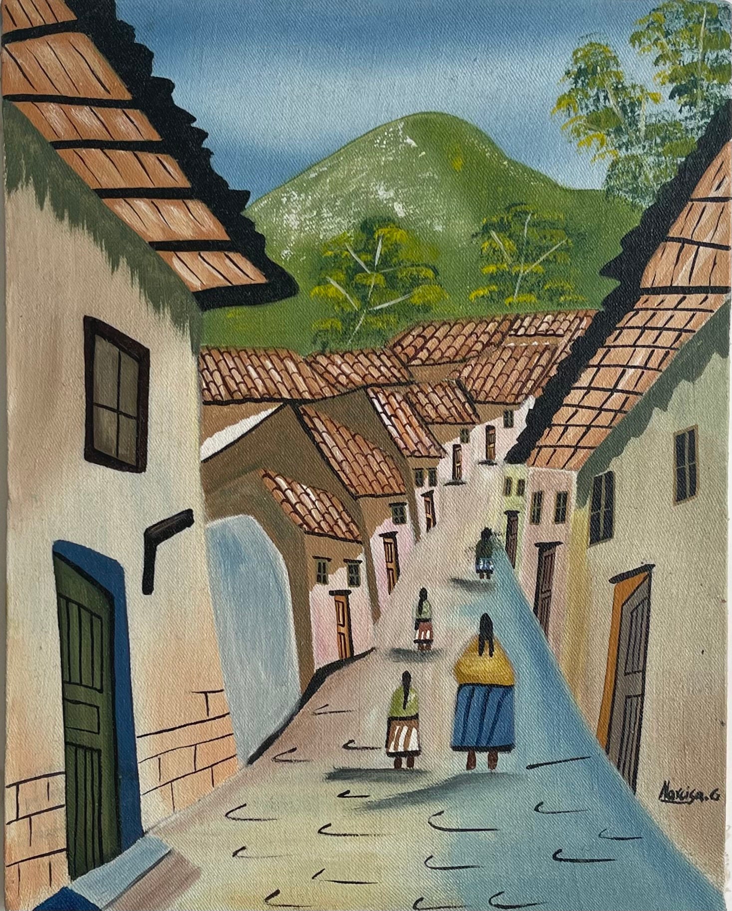 Village Original Oil Painting Vintage Hand Painted Mexican South ...