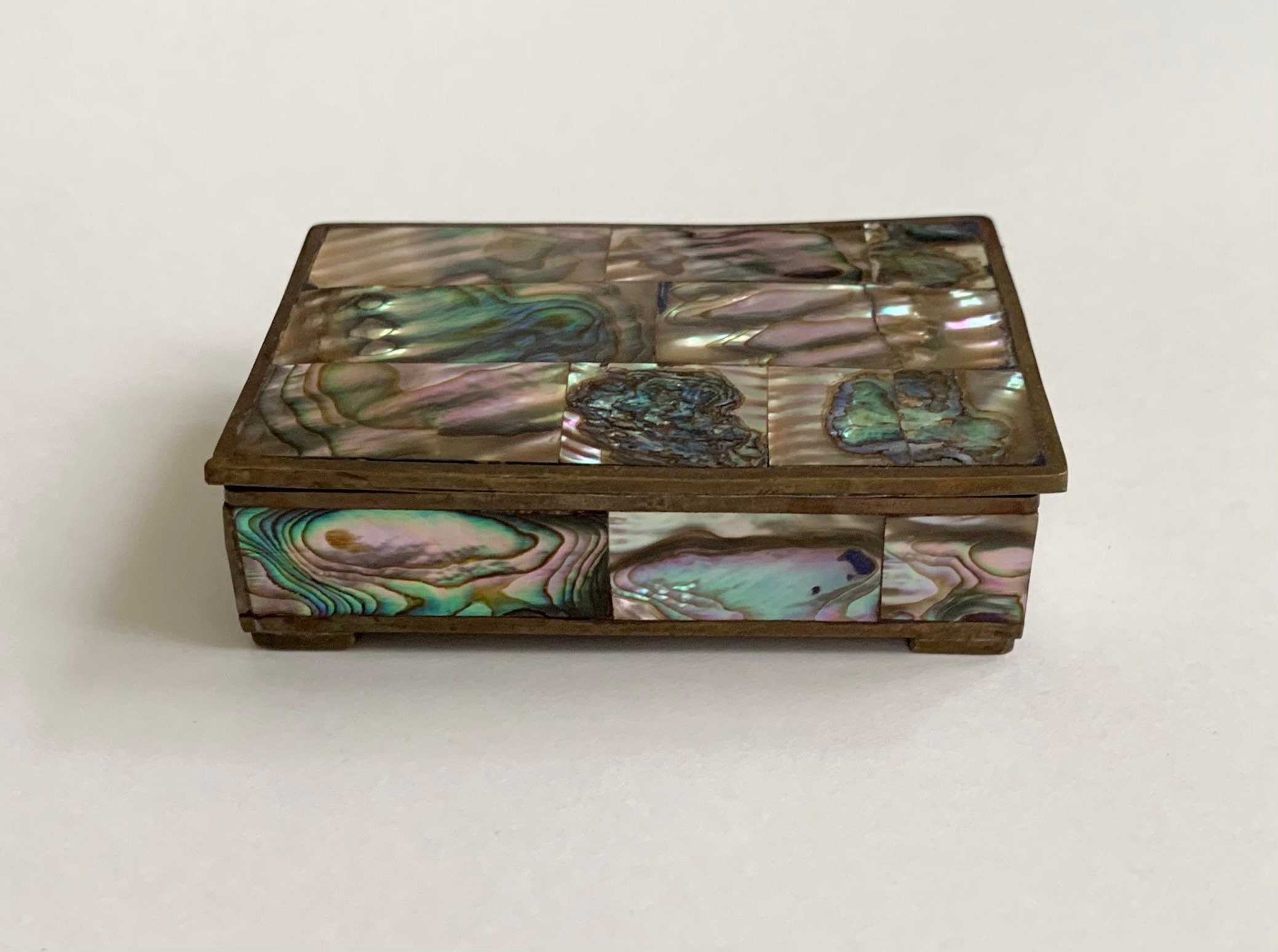 Small Abalone Shell Box Hinged Lid Vintage Inlay over Brass Tone Alpaca ...