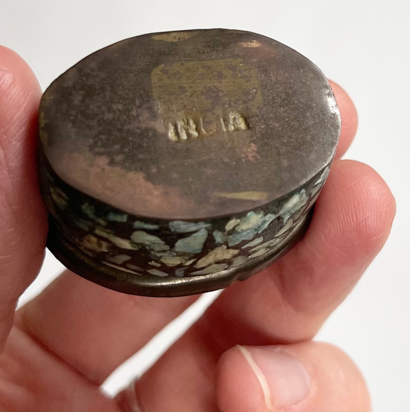 Antique Indian Snuff Box Brass with Turquoise Chip Inlay Very Old ...