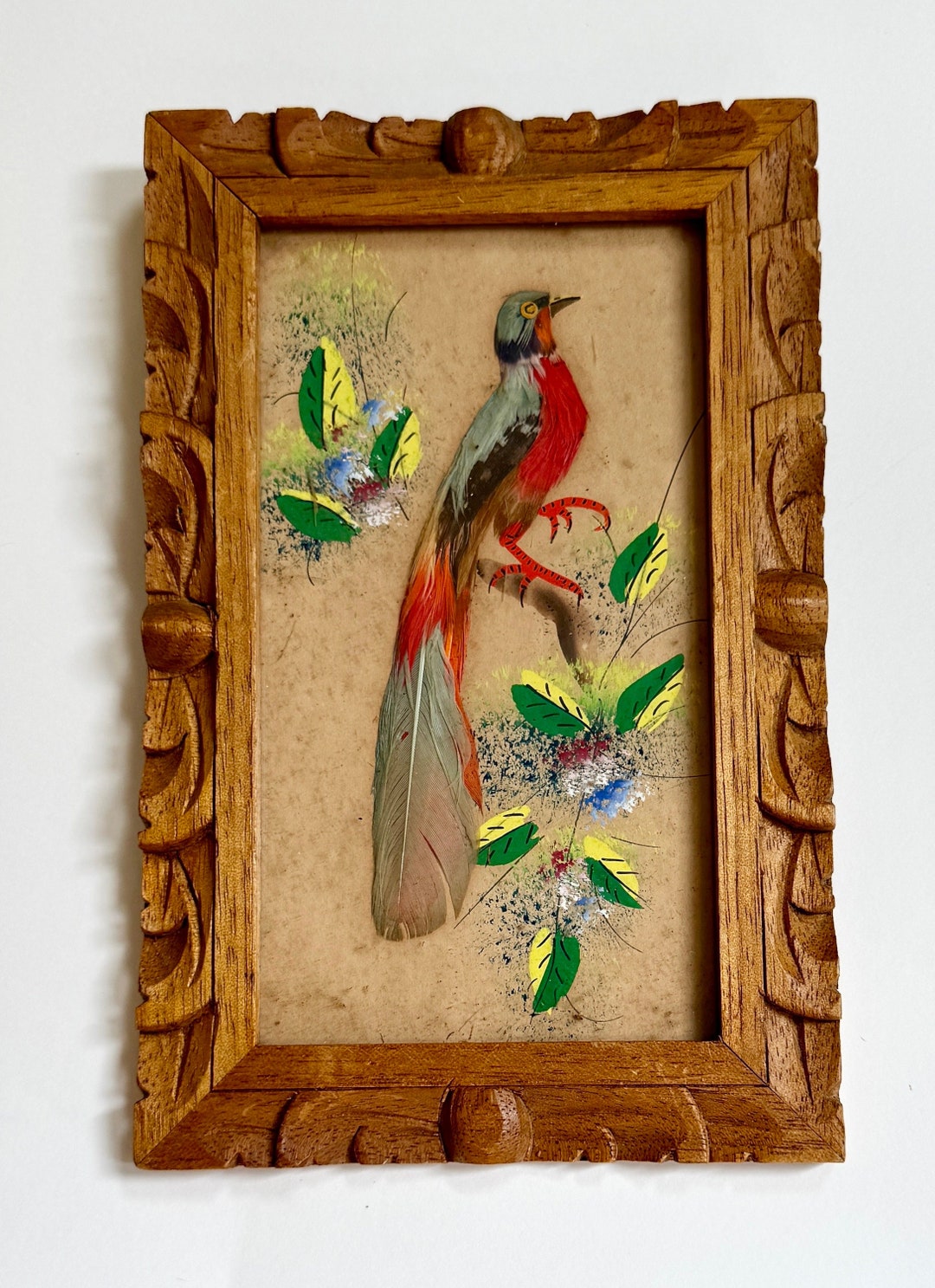 Mexican Bird Feather Art Painting Vintage 30s Made in Mexico Framed ...