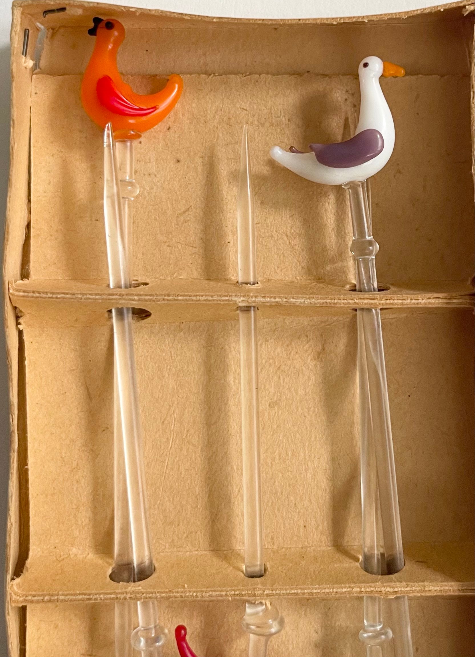 Glass Bird Cocktail Stick Olive Pick Set of 5 Birds Original Box ...