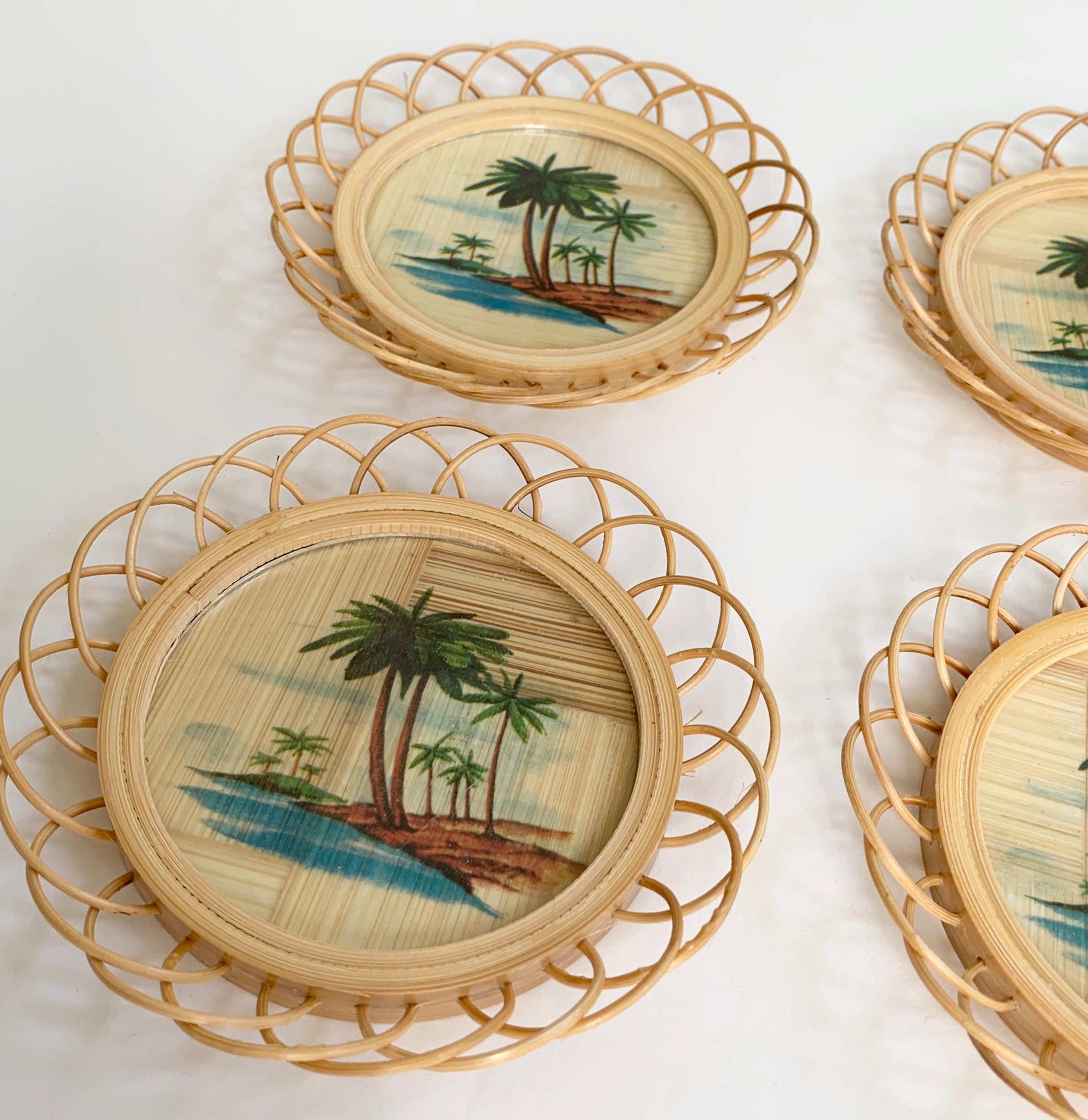 Boho Wicker Coaster Set of 4 Coasters Vintage 70s Bohemian Cocktail ...