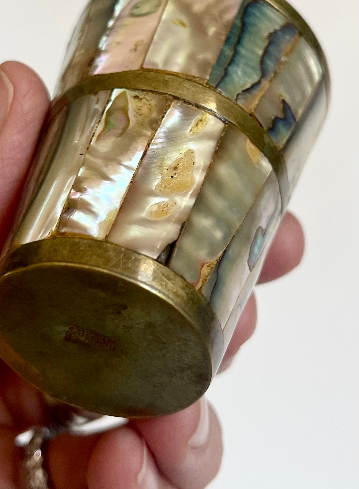 Mexico Brass Abalone Cups Cordial Glasses Shot Glasses Vintage Abalone Shell Inlay Made In