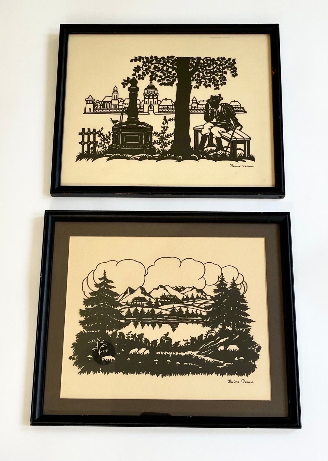 Pair of German Cut Out Art Paintings Signed Vintage Black and White ...