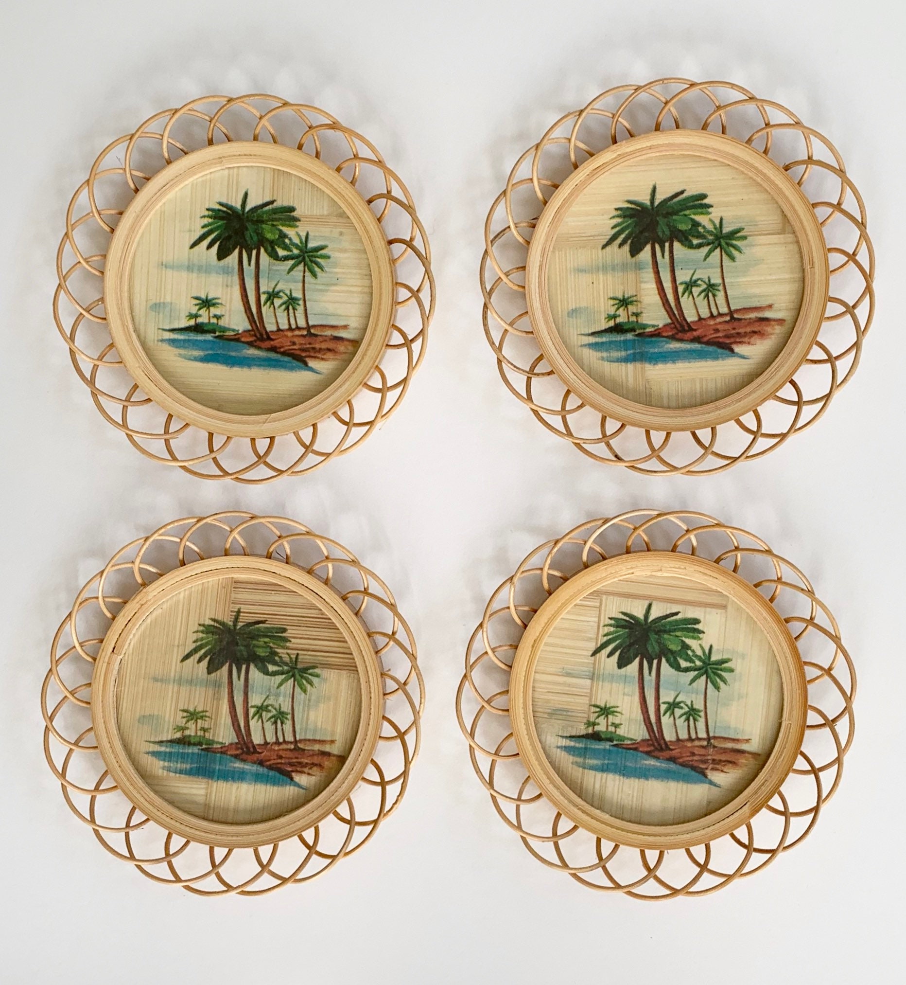 Boho Wicker Coaster Set of 4 Coasters Vintage 70s Bohemian Cocktail ...