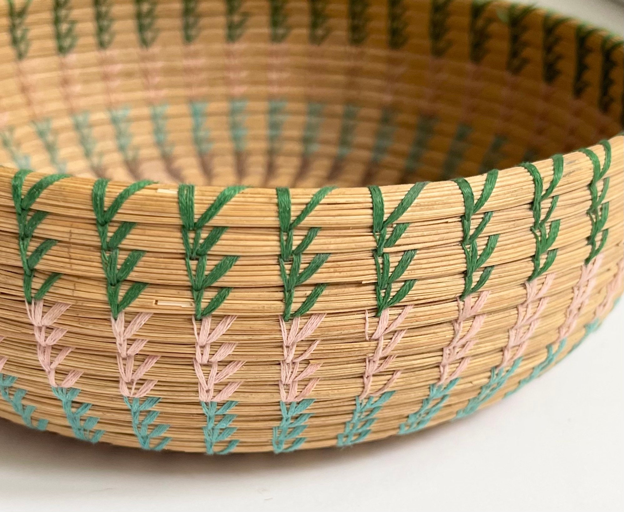 70s Boho Basket Bowl Vintage Handwoven Coil Baskets Artisan Faded Beige ...