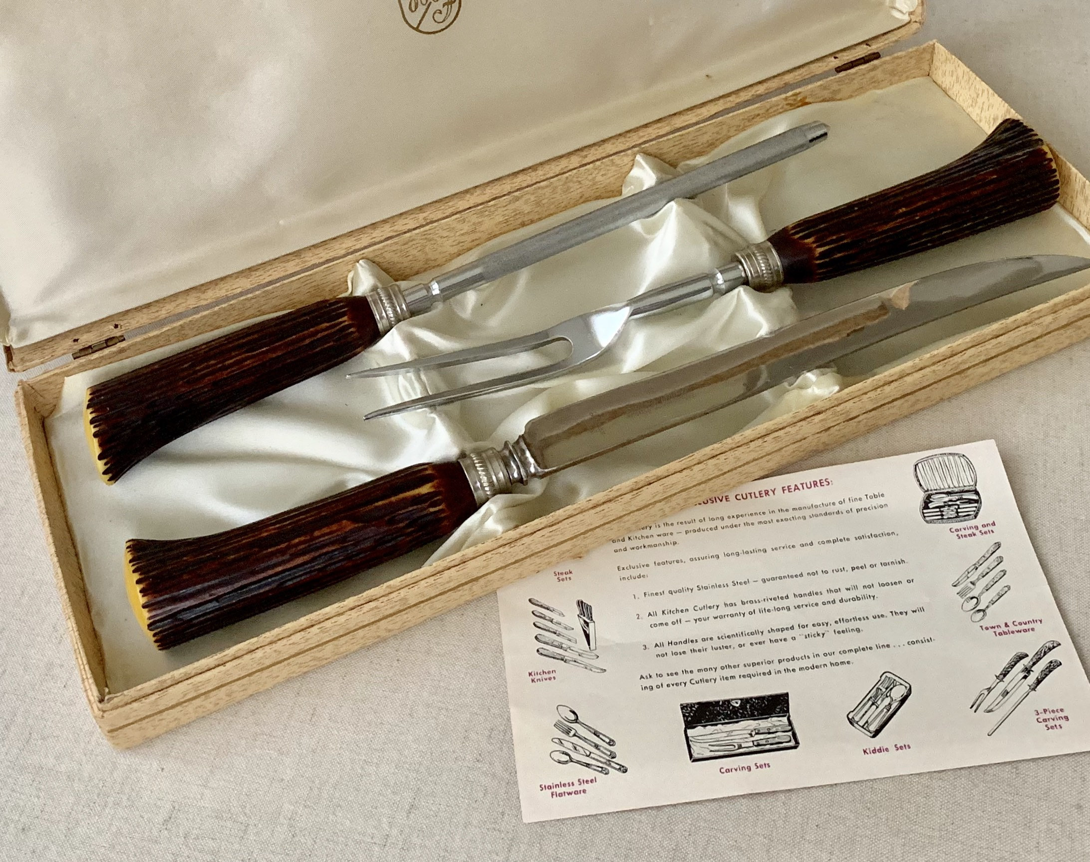 Faux Antler Carving Knife Set Mid Century Vintage Washington Forge ...