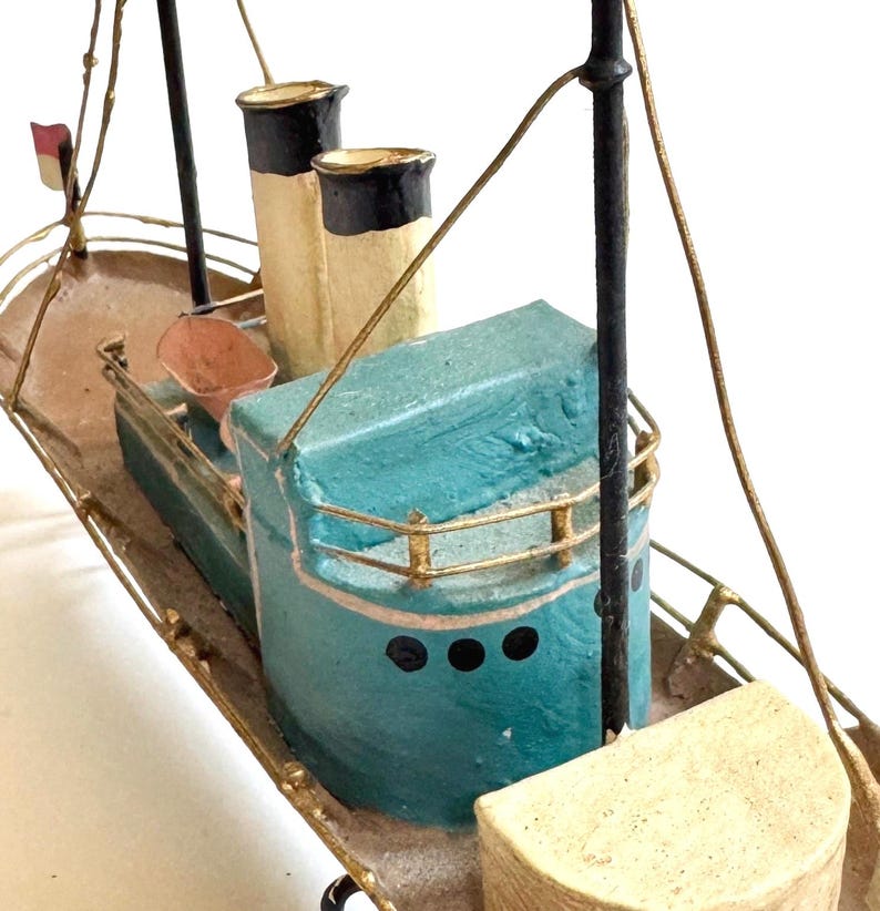 Vintage Model Ship Boat Handmade Hand Painted Metal Steamship Beach ...
