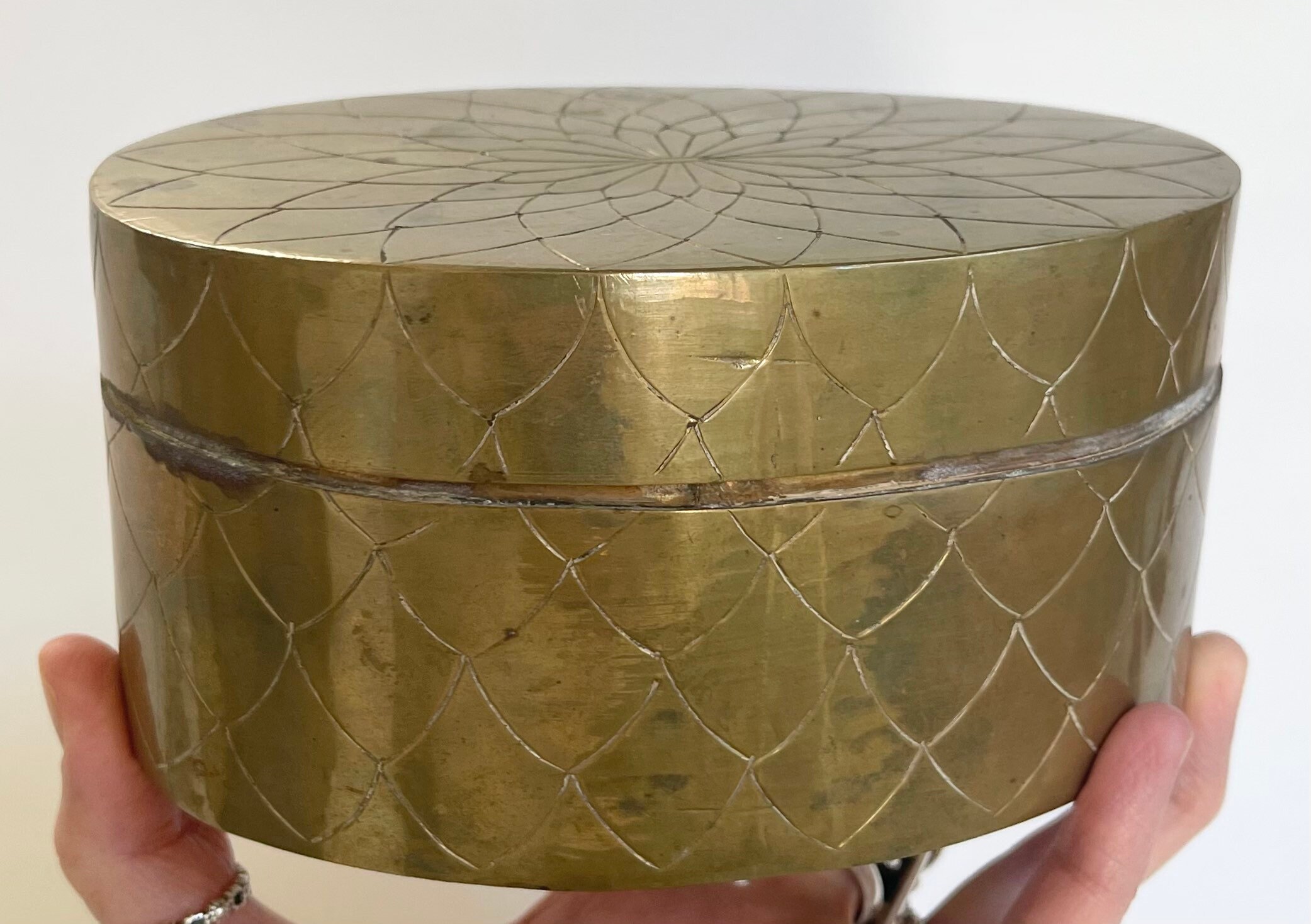 Hinged Solid Brass Box Vintage 70s Etched Designs Aged Patina Trinket ...