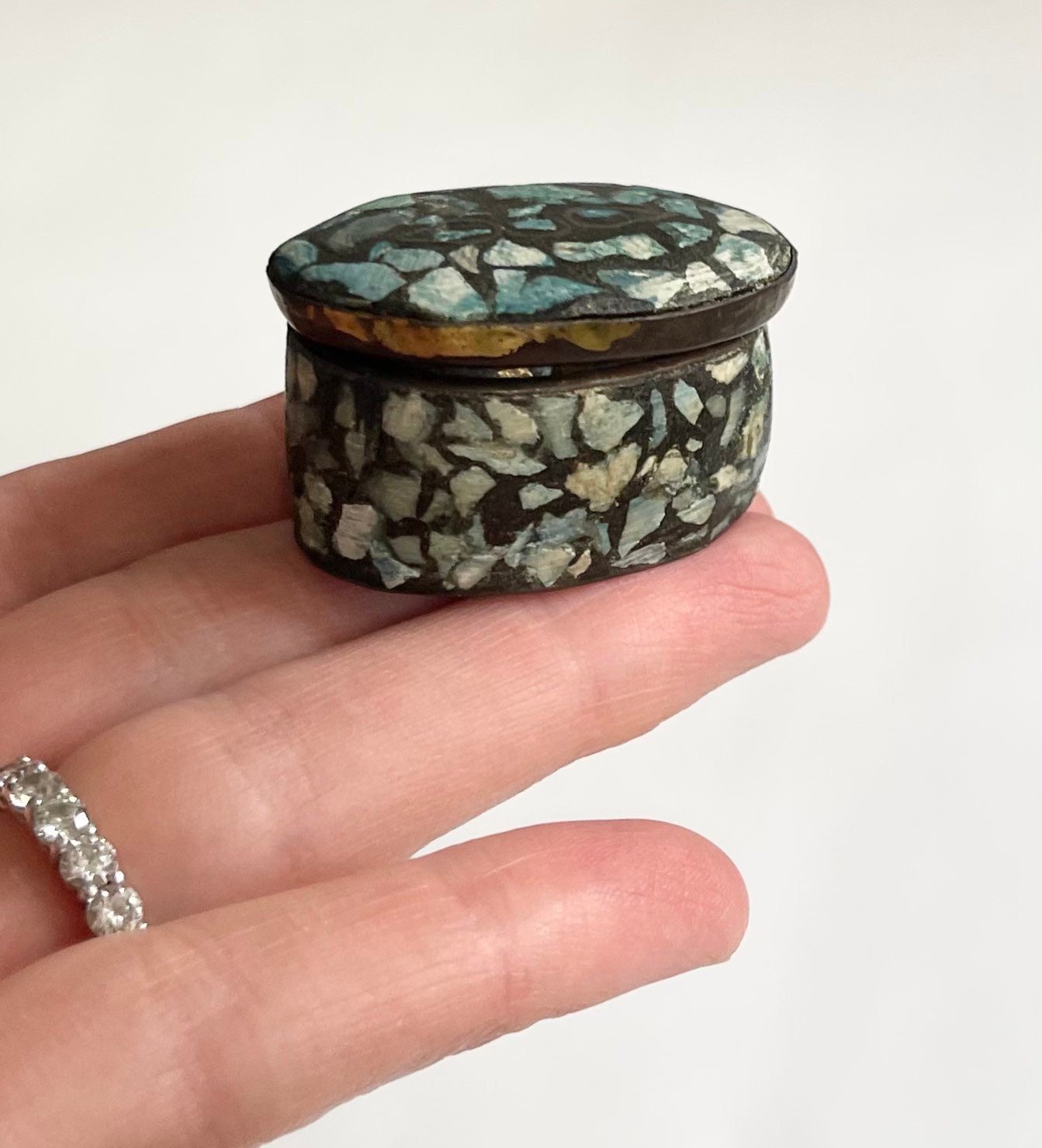 Antique Indian Snuff Box Brass with Turquoise Chip Inlay Very Old ...
