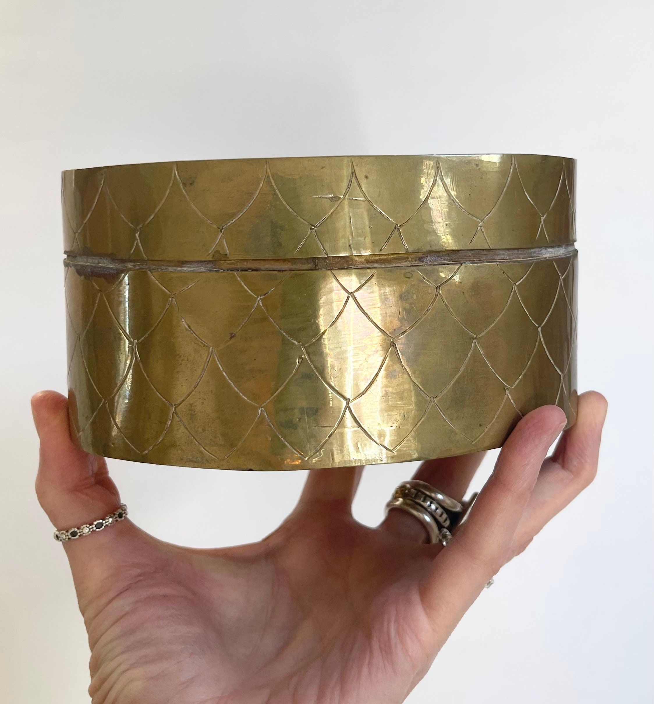 Hinged Solid Brass Box Vintage 70s Etched Designs Aged Patina Trinket ...