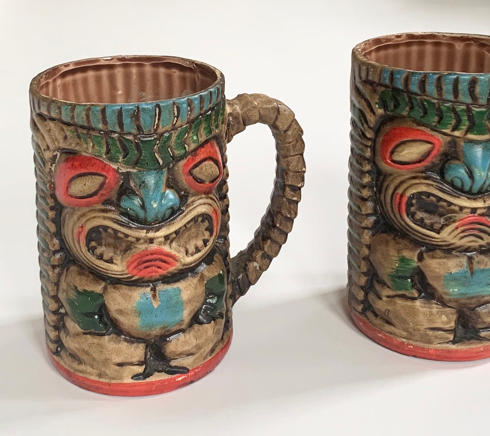 Colored Tiki Mugs Mid Century MCM Barware Pair of 2 Mugs Retro Hawaii ...