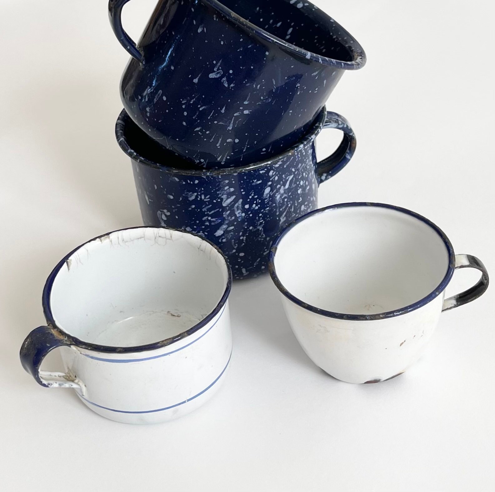 Rustic Enamelware Mugs Coffee Cups Aged Patina White Blue Striped ...