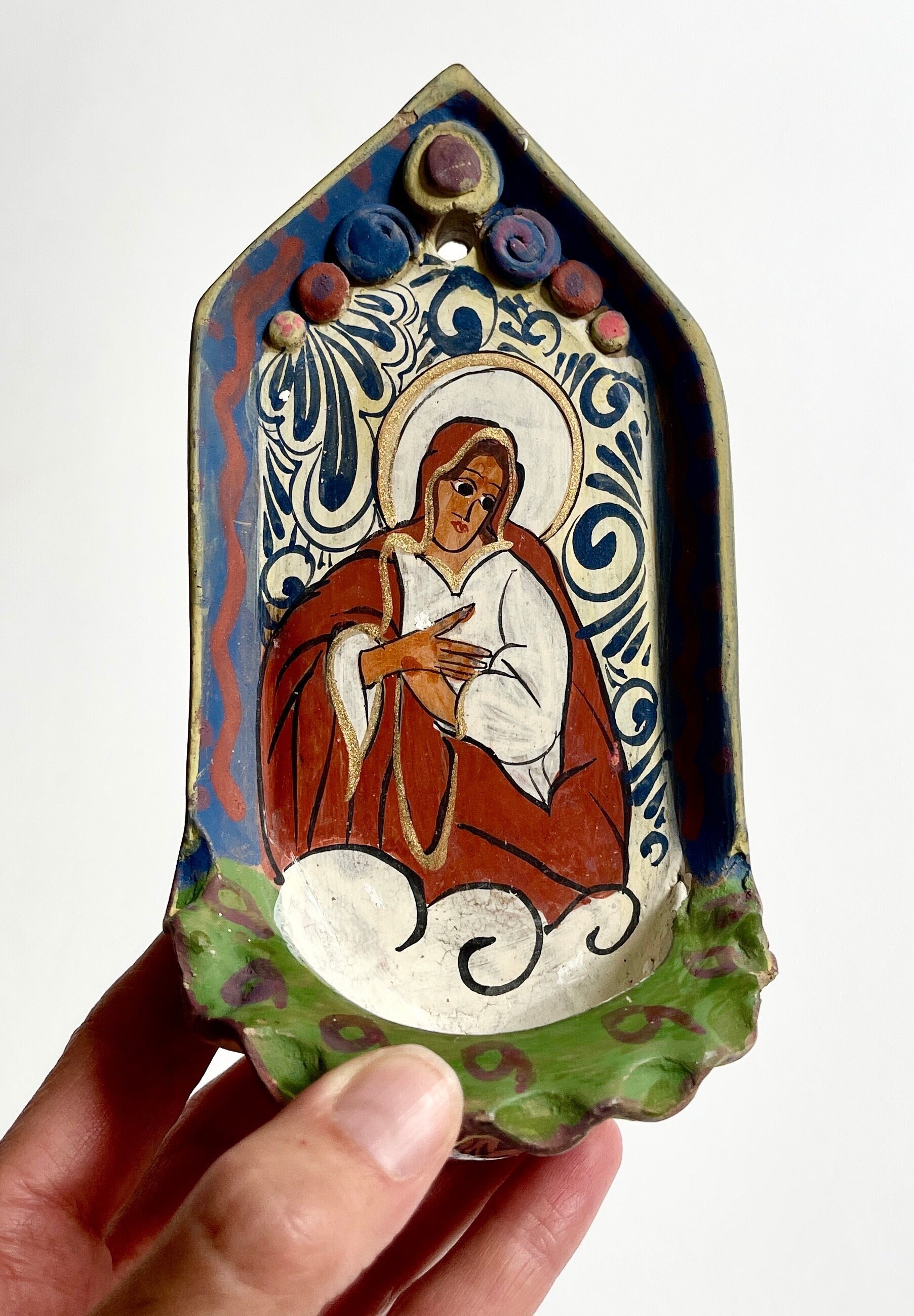 Mexican Pottery Holy Water Font Vintage Handmade Hand Painted Religious ...