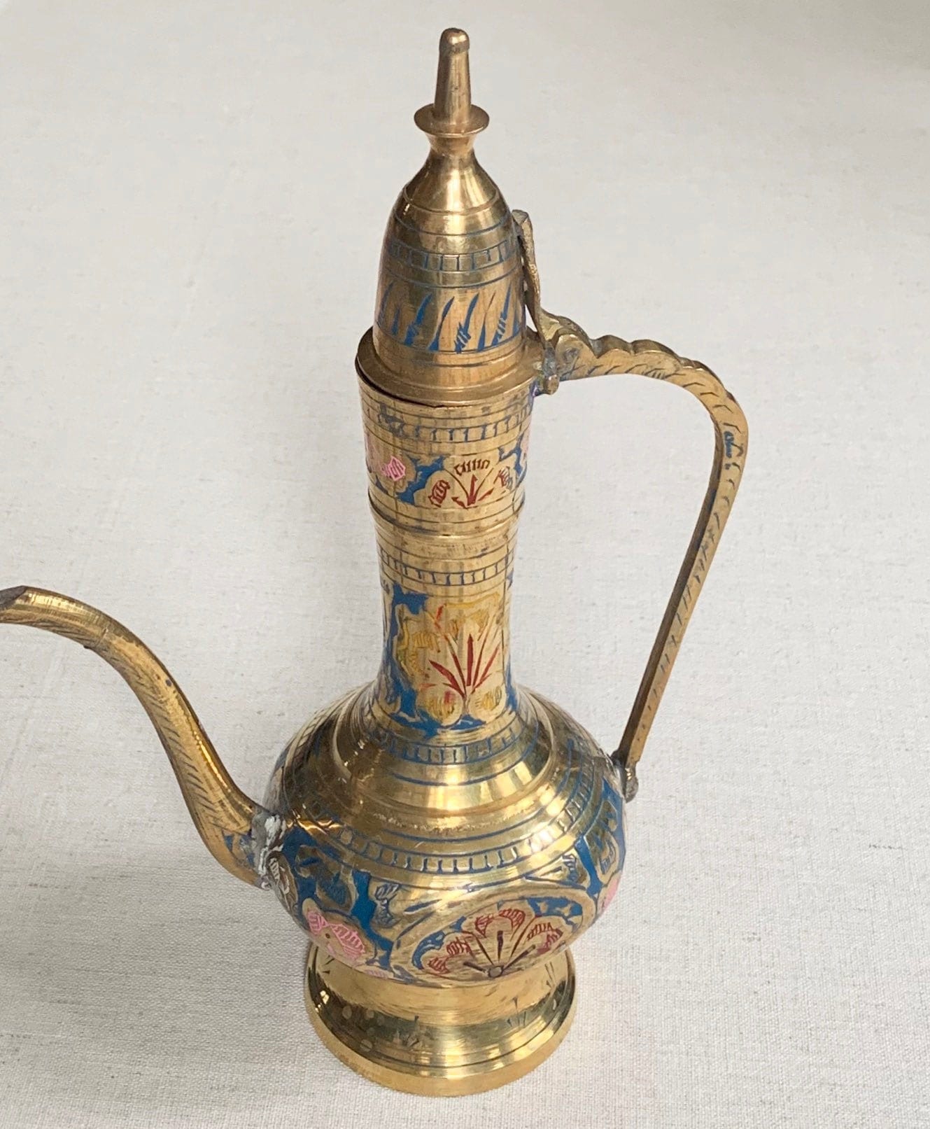 India Brass Tea Pot with Spout and Hinged Lid Top Vintage Indian Floral ...