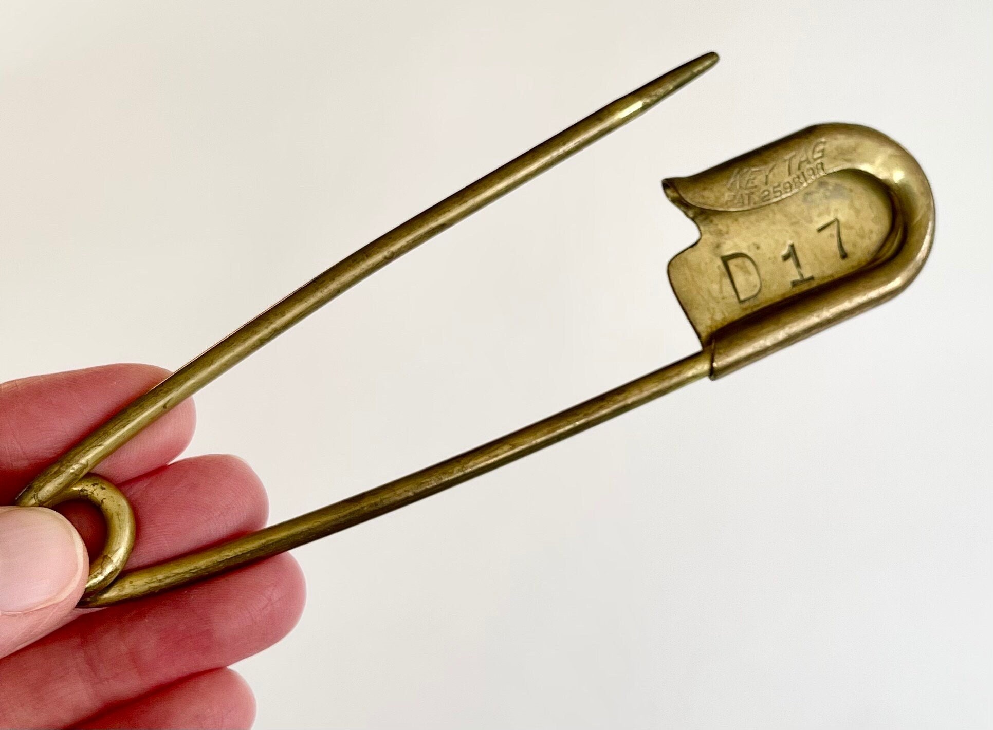 Giant Brass Safety Pin Key Tag No. D17 Old Vintage Antique Very Aged ...
