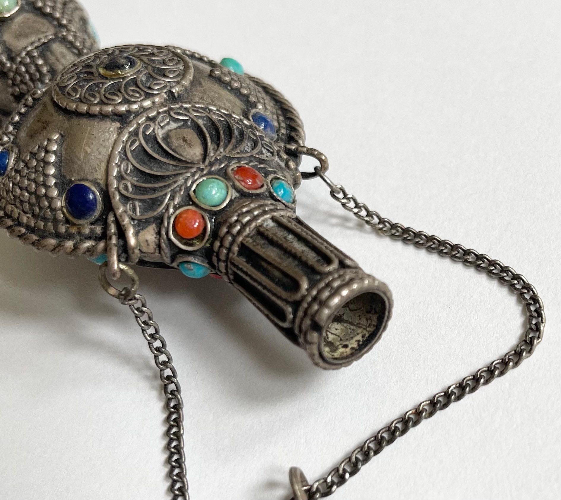 Tibetan Silver Snuff Bottle Snuff Box Turquoise Red Coral Lapis Stone ...