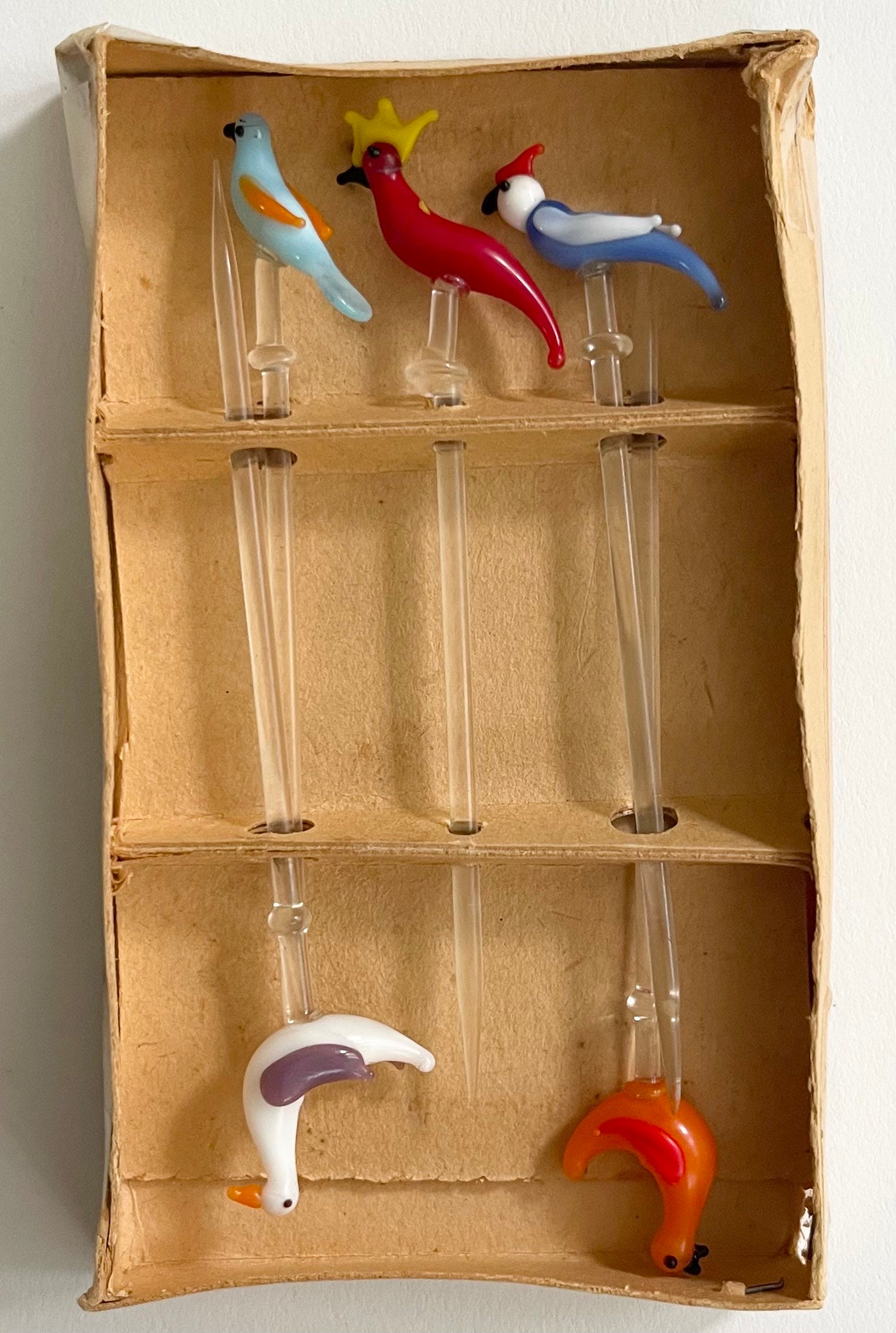 Glass Bird Cocktail Stick Olive Pick Set of 5 Birds Original Box ...