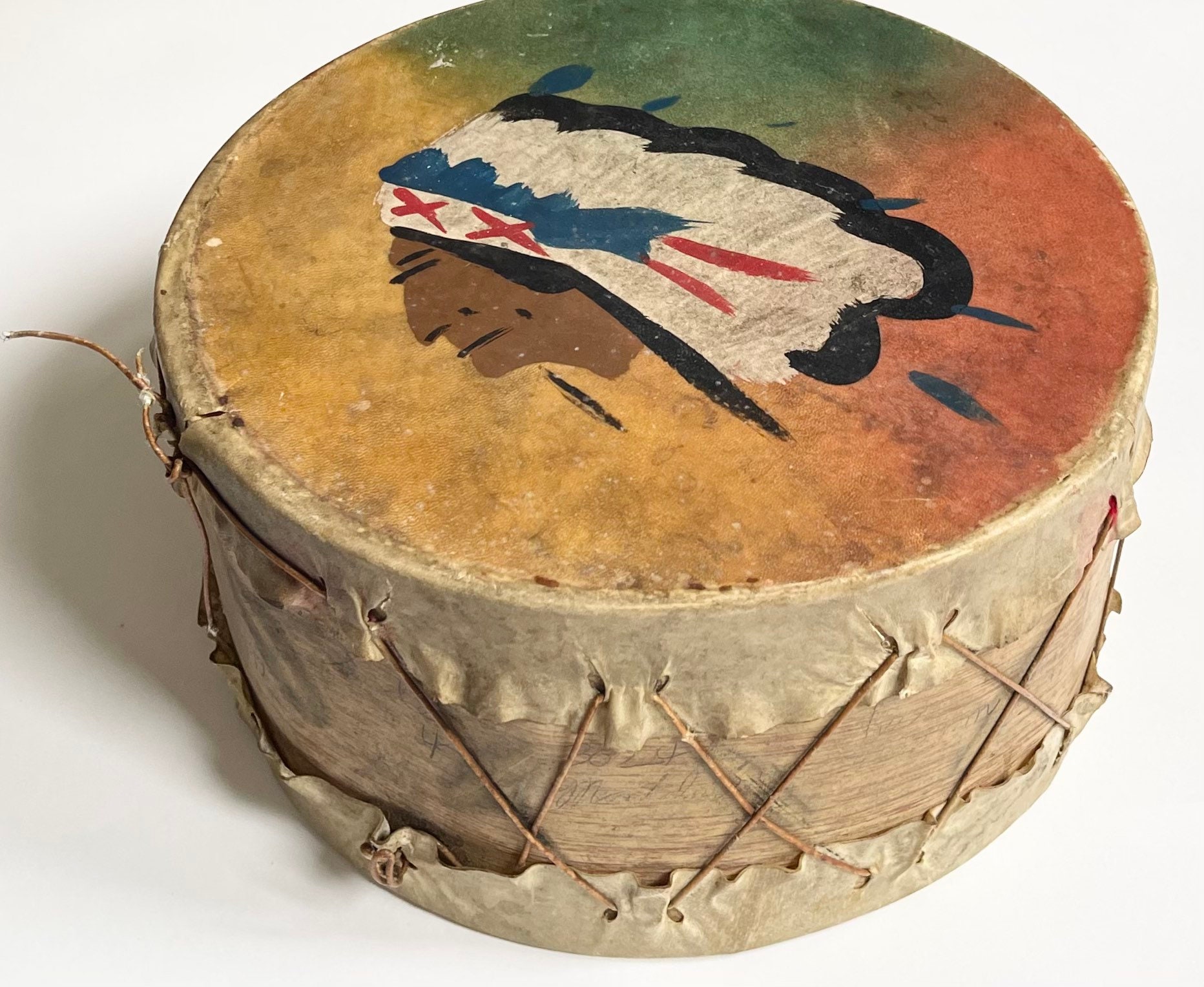 Antique Trading Post Drum Vintage Fred Harvey Era Hand Painted Native ...